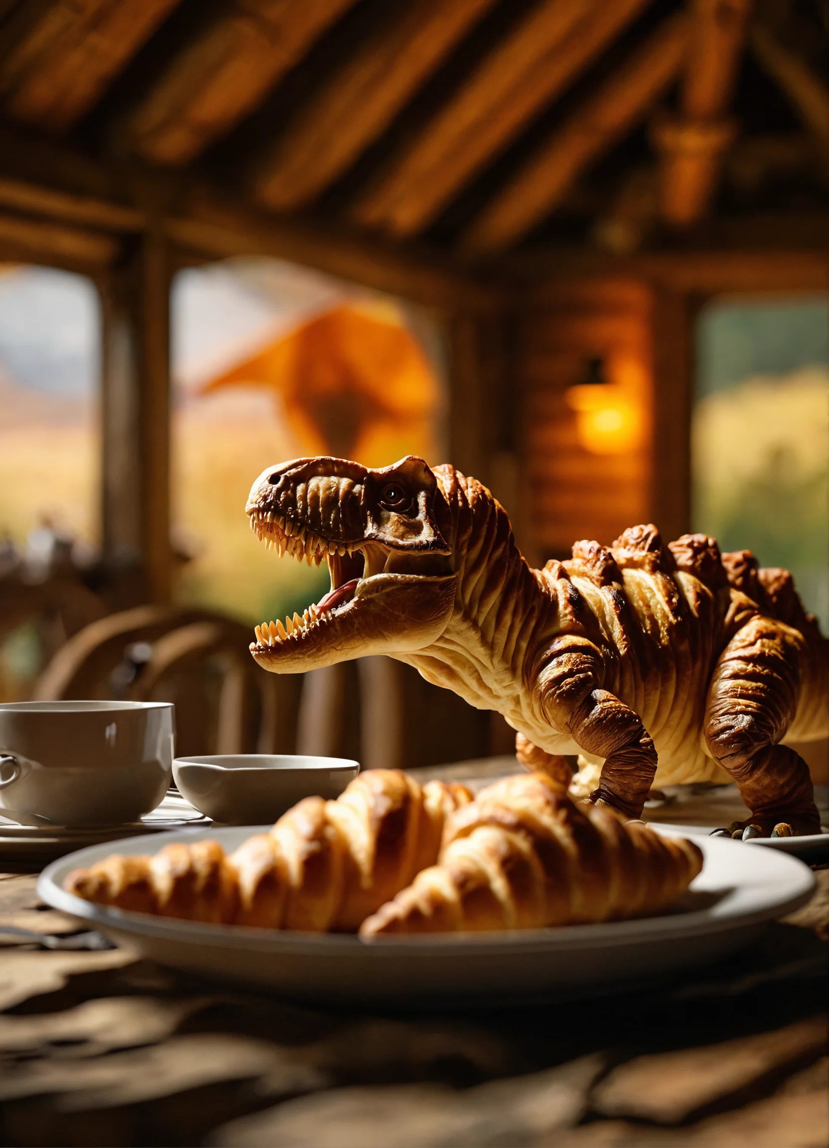 Lexica - A croissant Tyranosaurus Rex on a plate, a set breakfast table ...