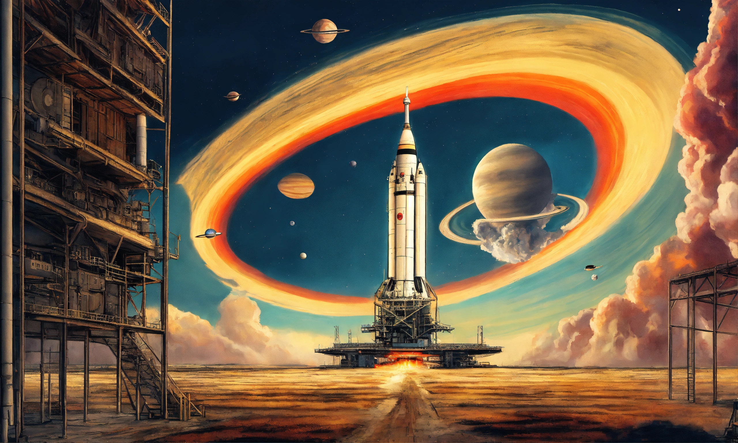 Lexica - Saturn V lift off, surrealism, comic