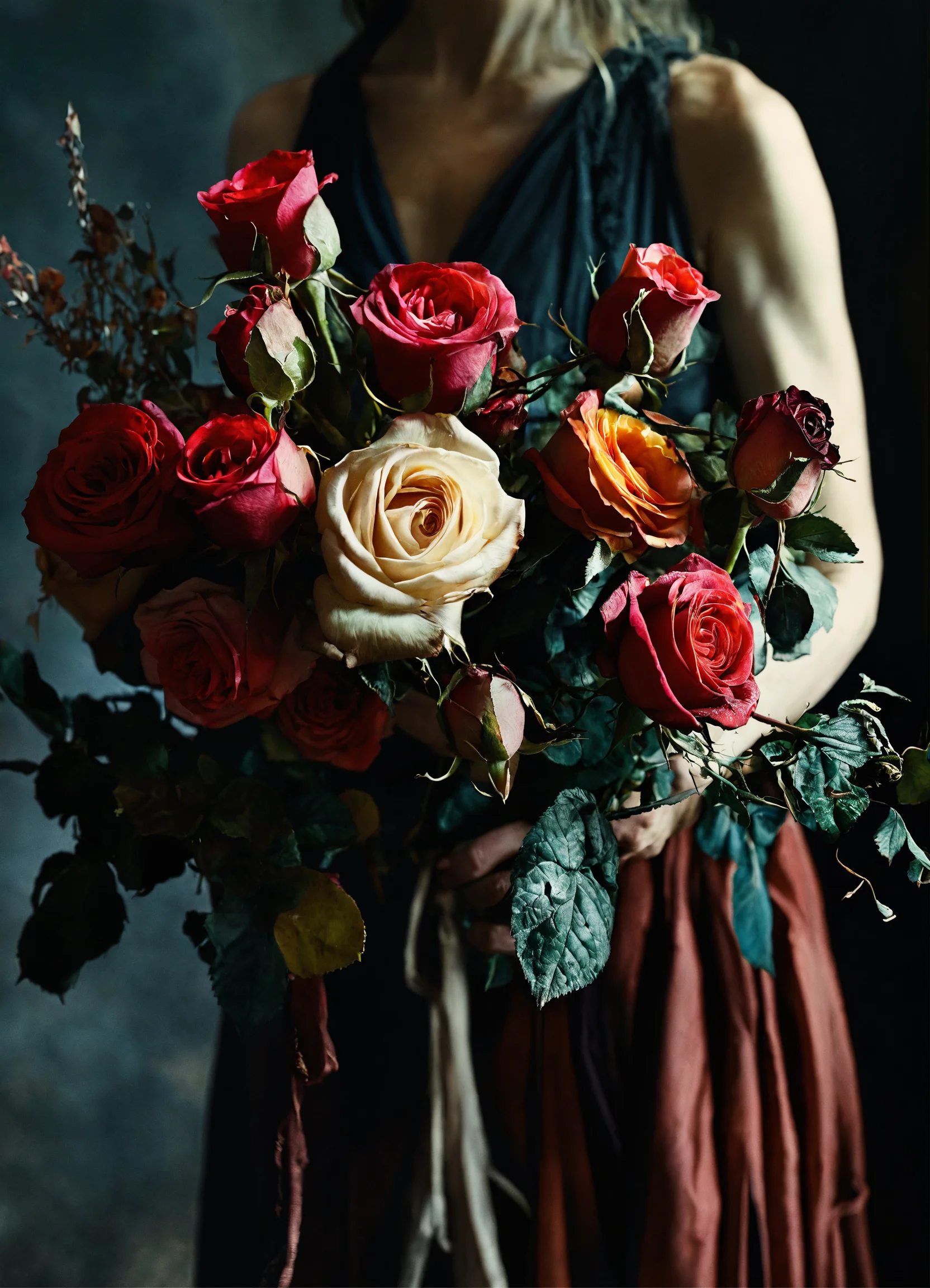 Lexica - A bohemian fancy bouquet of roses in a dark Annie Leibovitz style.