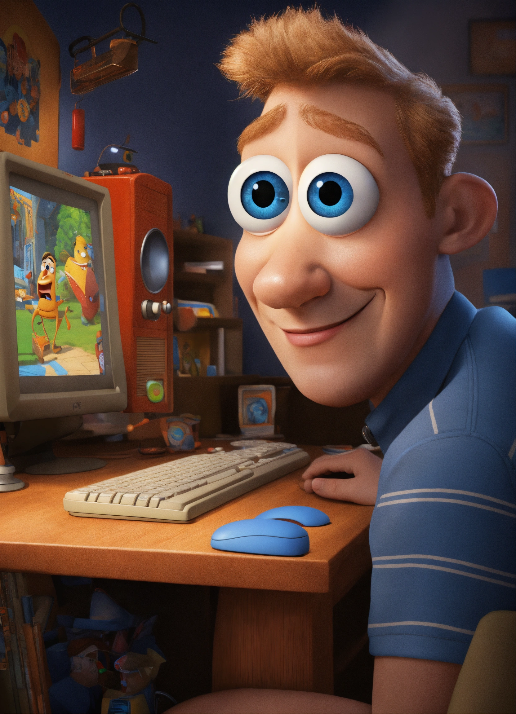 Lexica - Pixar man blode blue eyes big nouse qith computer cartoon