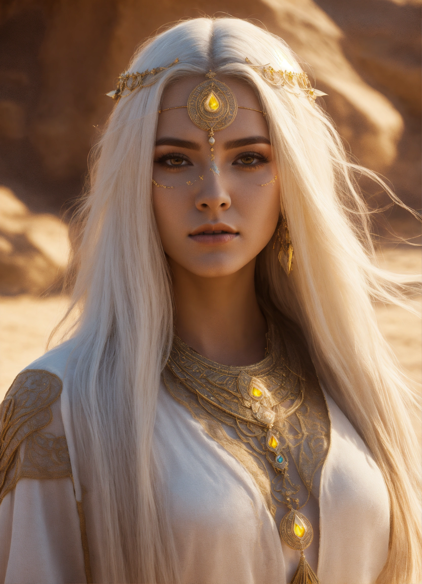 Lexica - A ethereal goddess with long white hair, yellow eyes, magical ...