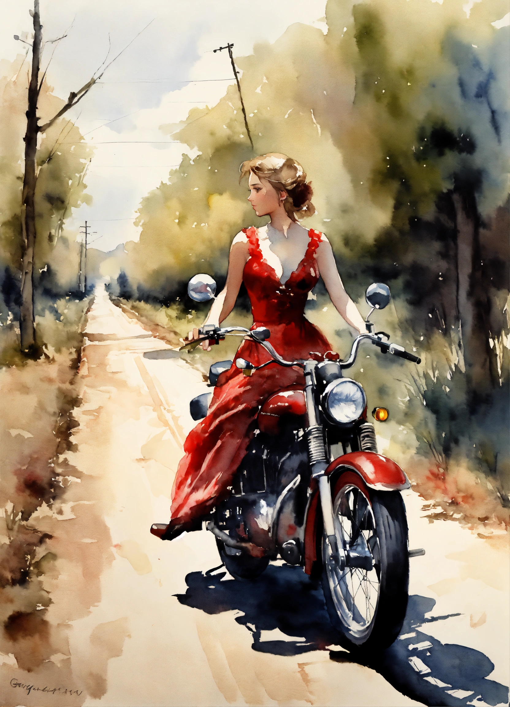 Lexica - Young woman in dress on motorcycle on 19th century road ...