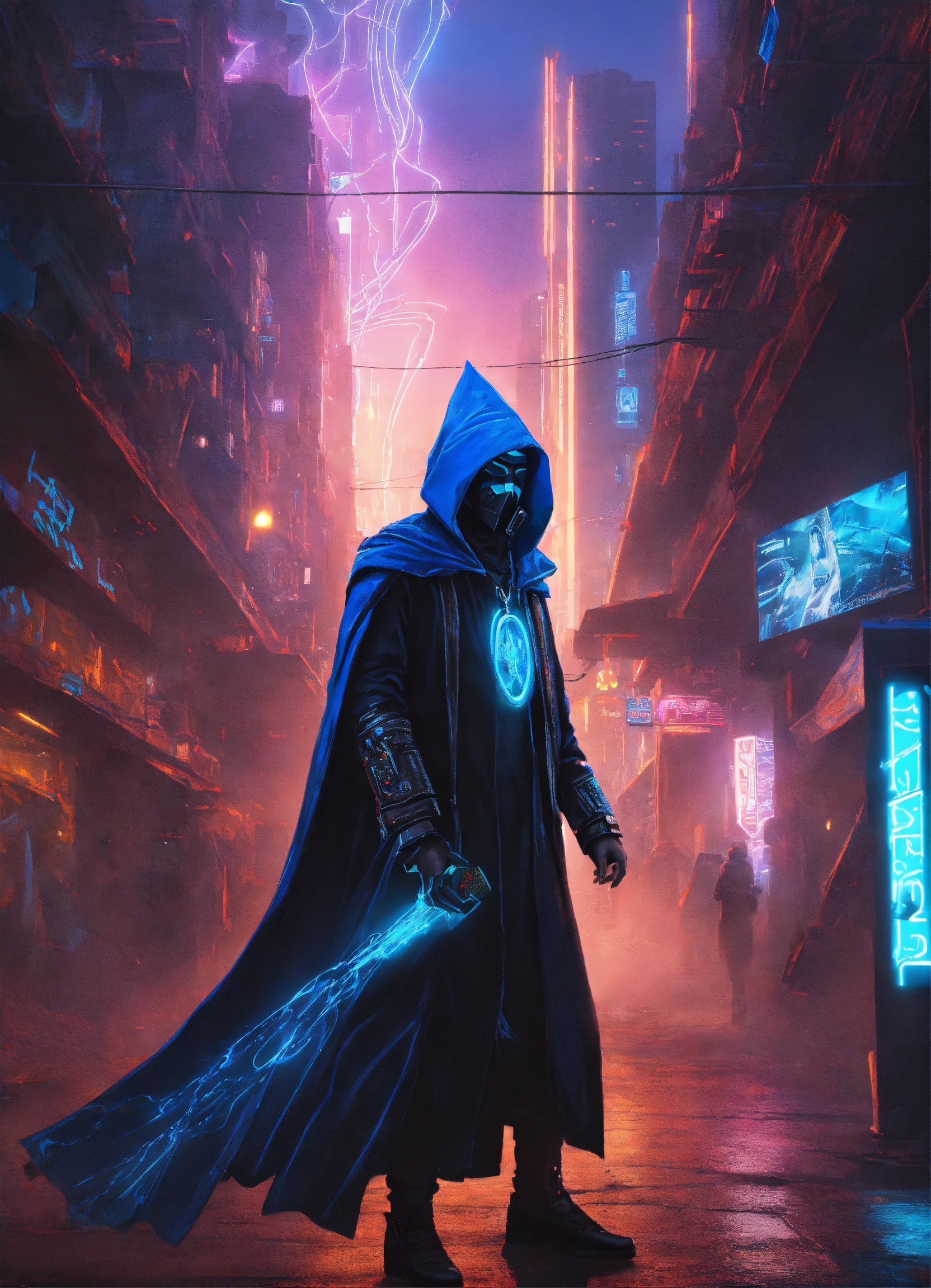 Lexica - A black and blue cloaked wizard casting a spell, masked ...