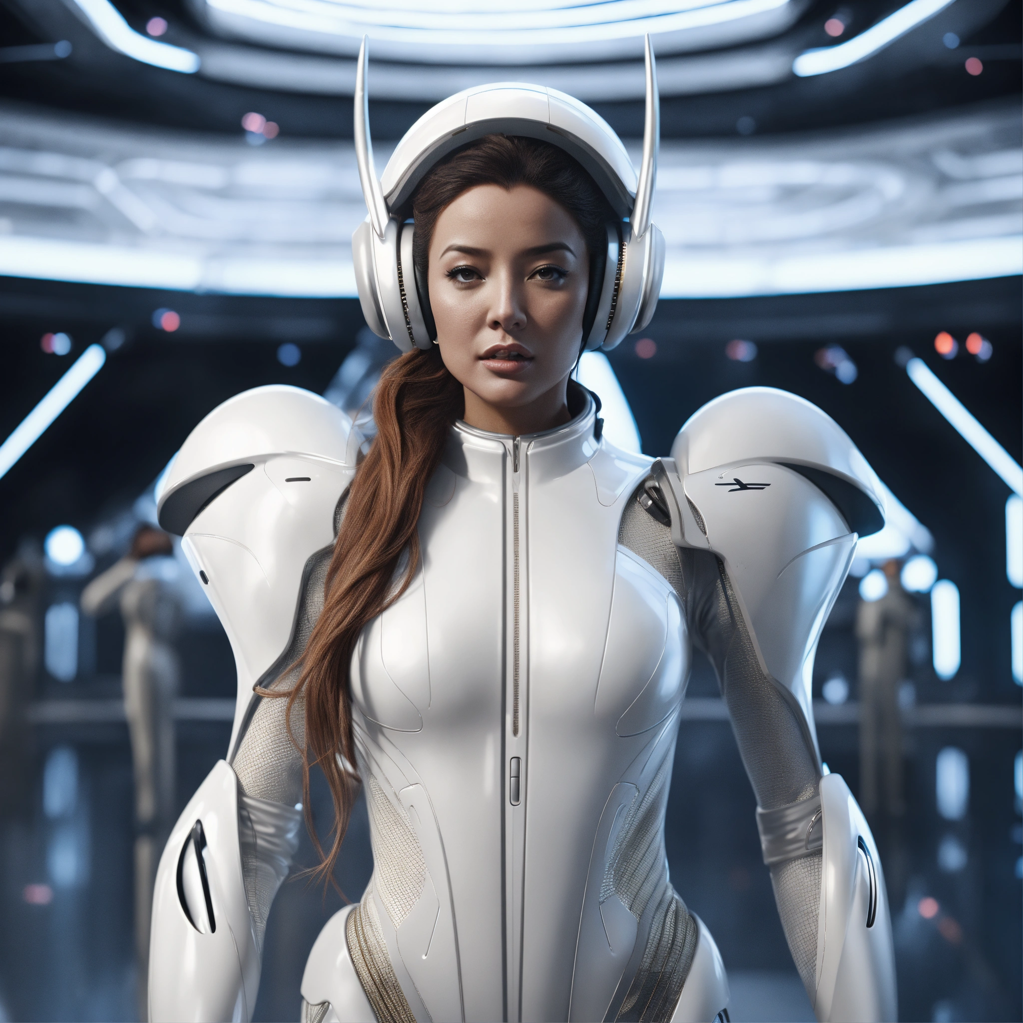 Lexica - Wide shot of a female super spy wearing a tight futuristic spy ...