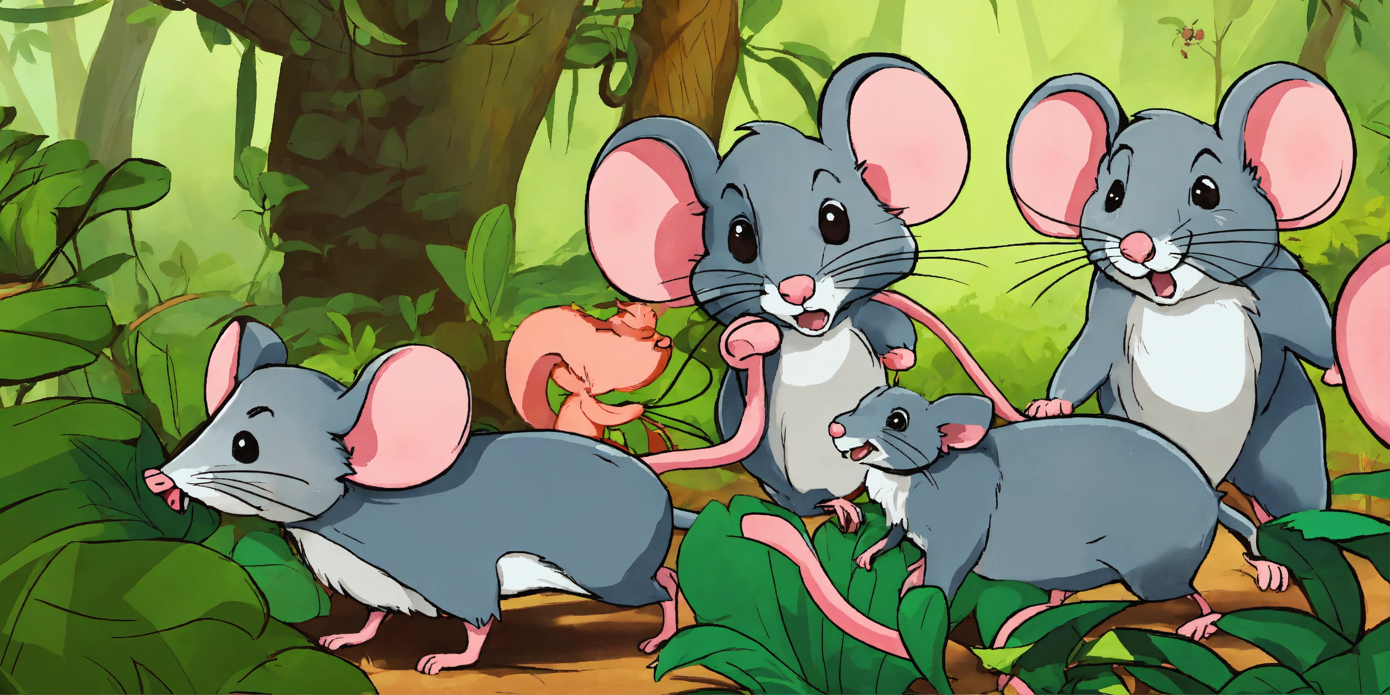 Lexica - Cartoon group of mouse wandering in jungle