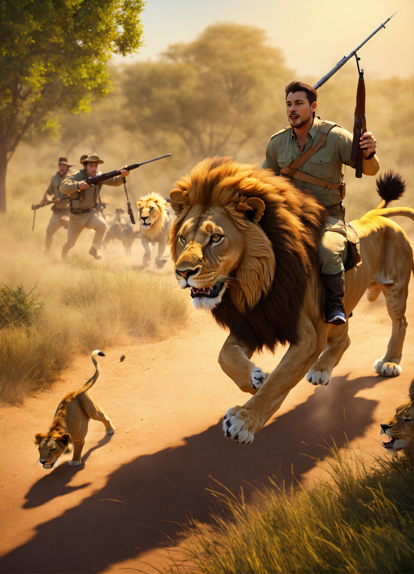 Lexica - 3d cartoon lion chasing men hunters