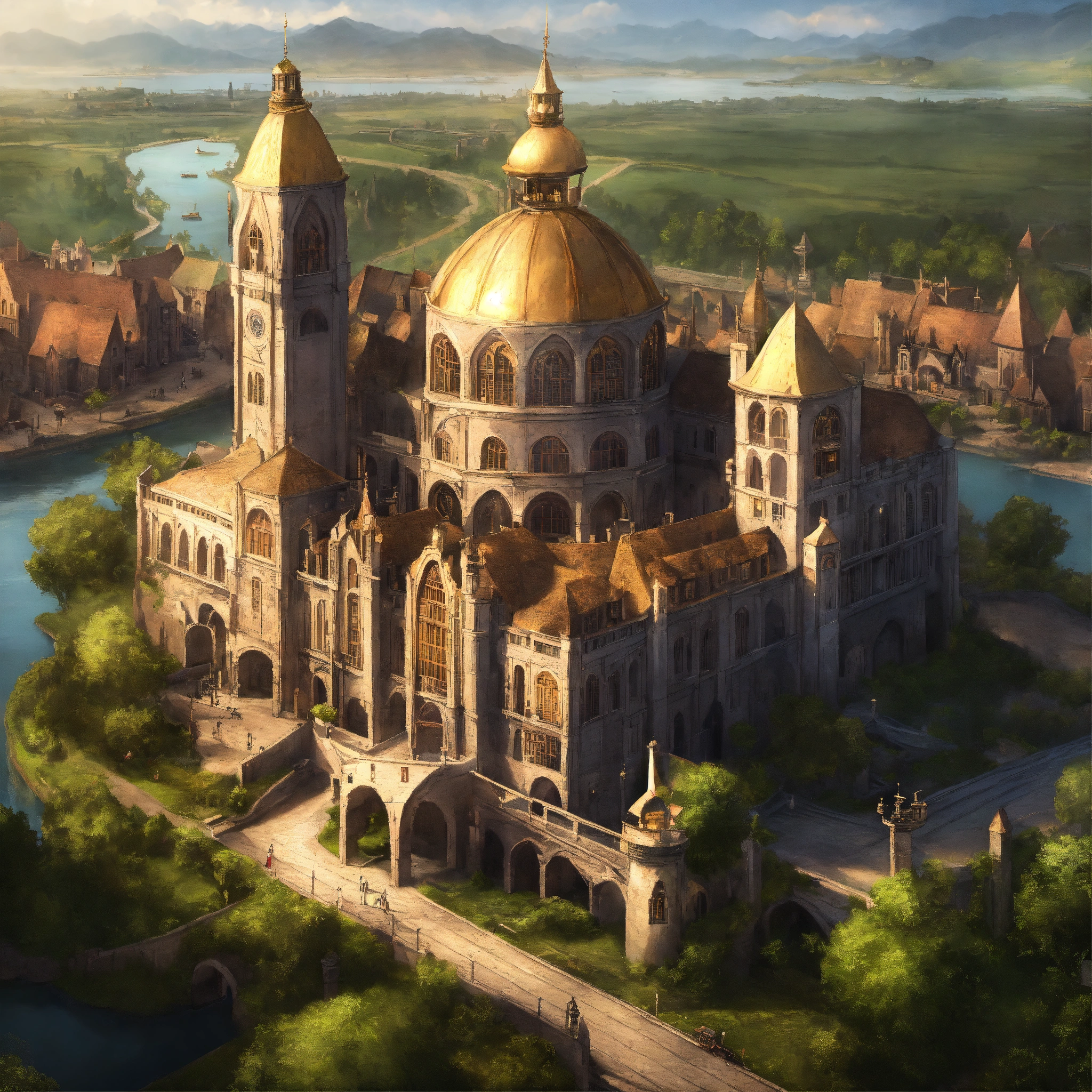 Lexica - Bird-view of a small fantasy city with a massive gothic ...