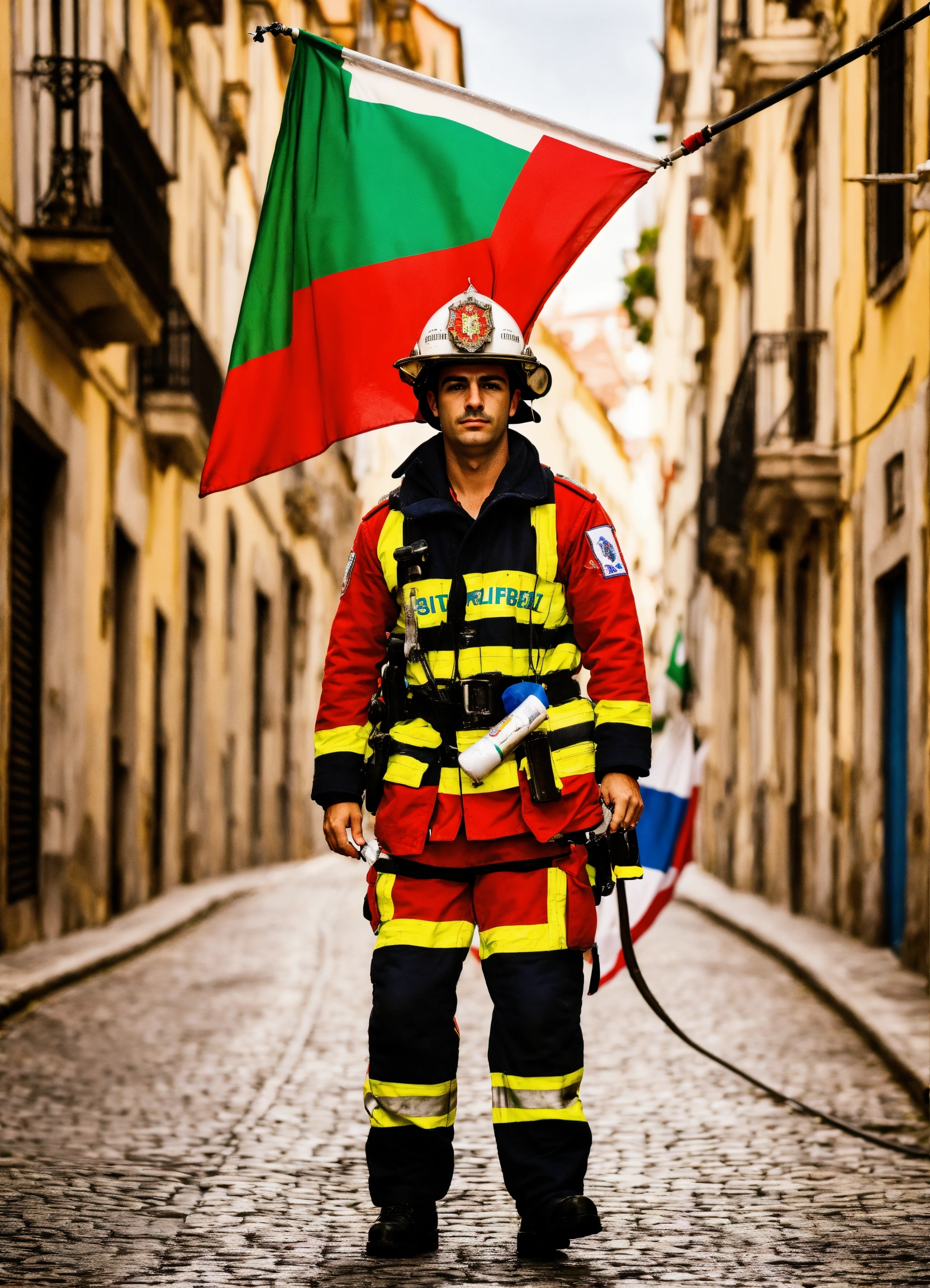 Lexica - Portuguese firefighter in Lisboa with the Portuguese flag