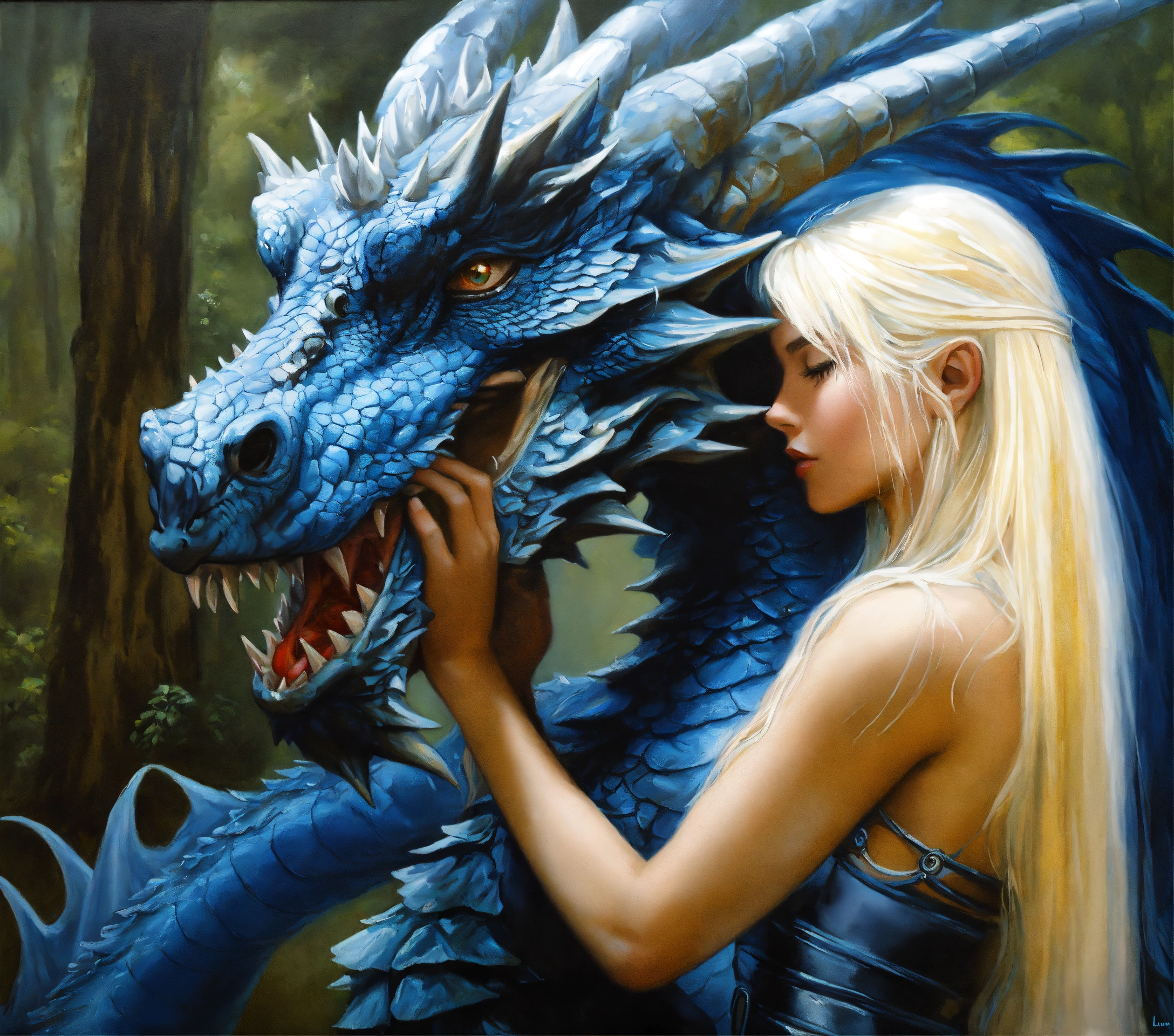 Lexica - Oil painting of a huge, magnificent two meter big blue dragon ...
