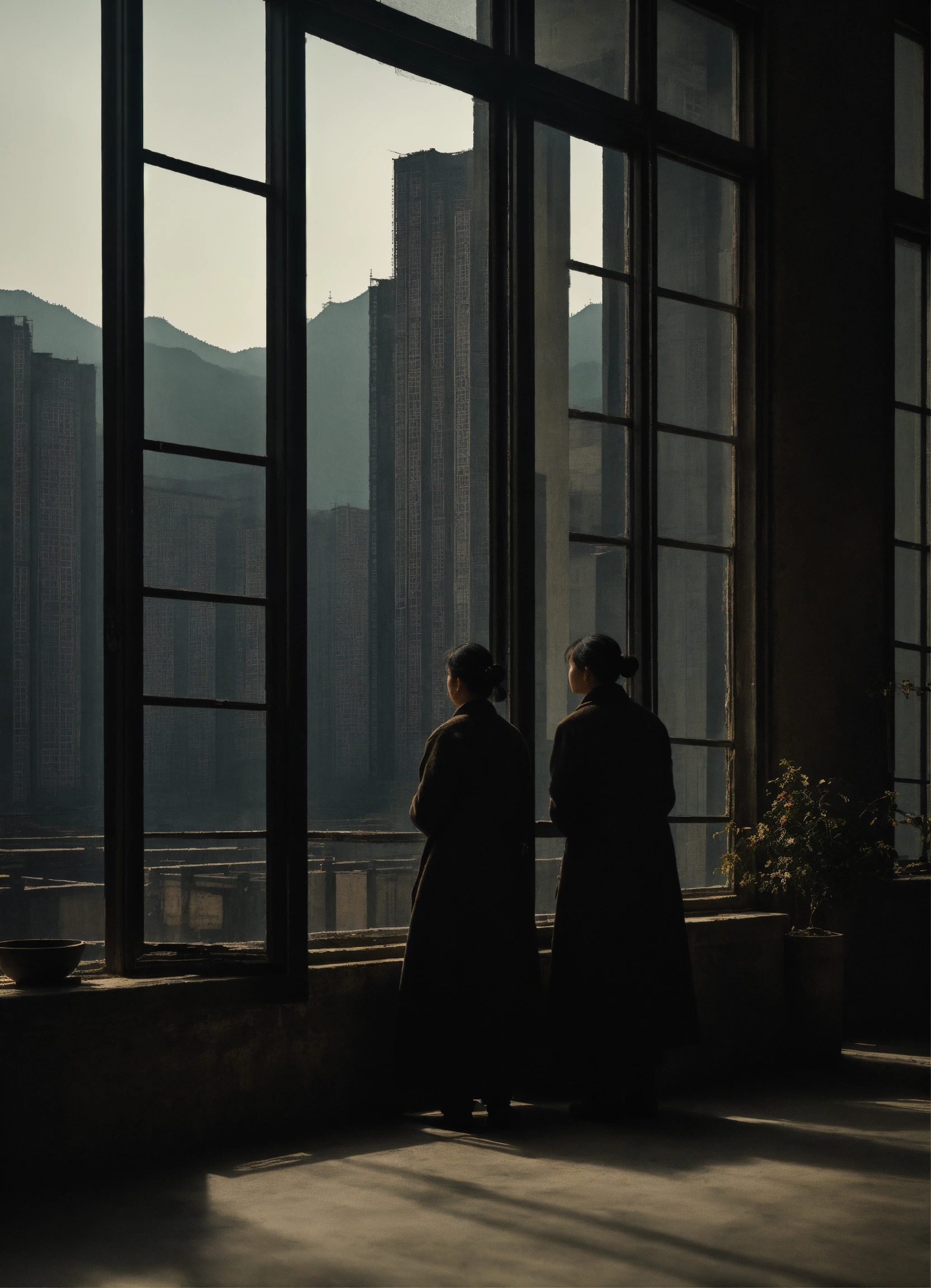 Lexica - Some people look over tall building windows, in the style of ...