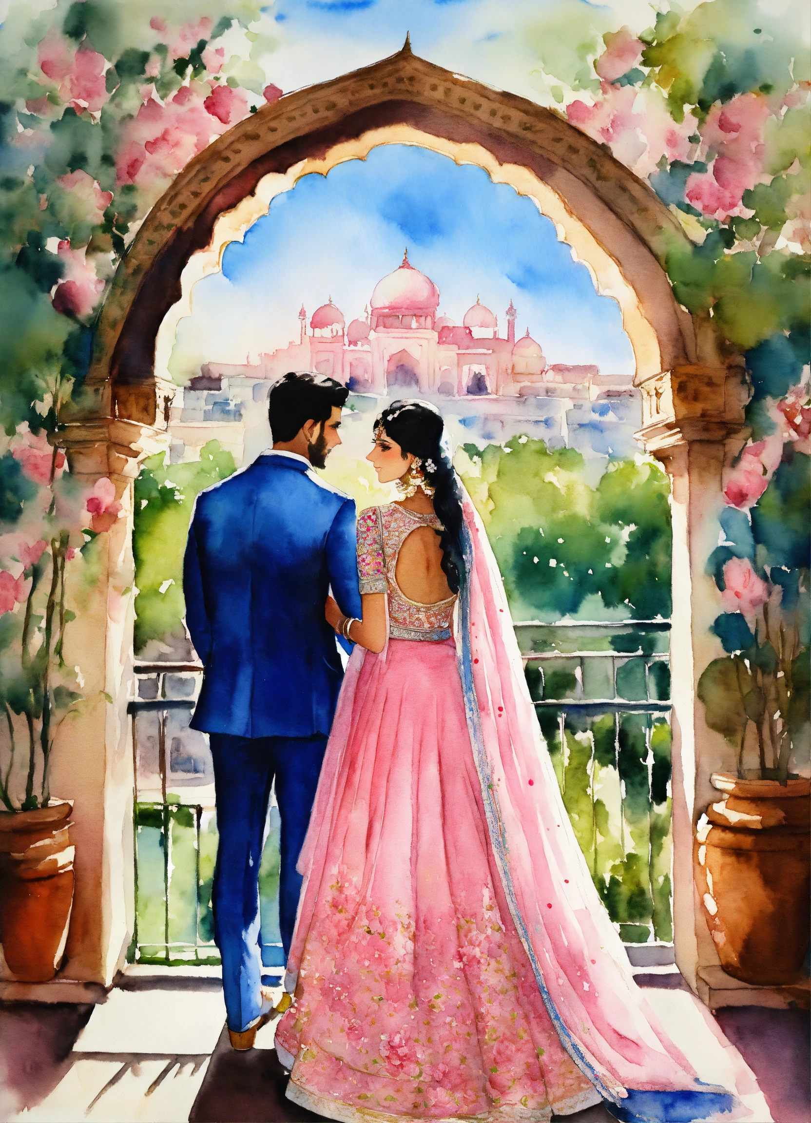 Lexica - Back view, Watercolour, Indian Wedding, Bride, Groom, Pink ...