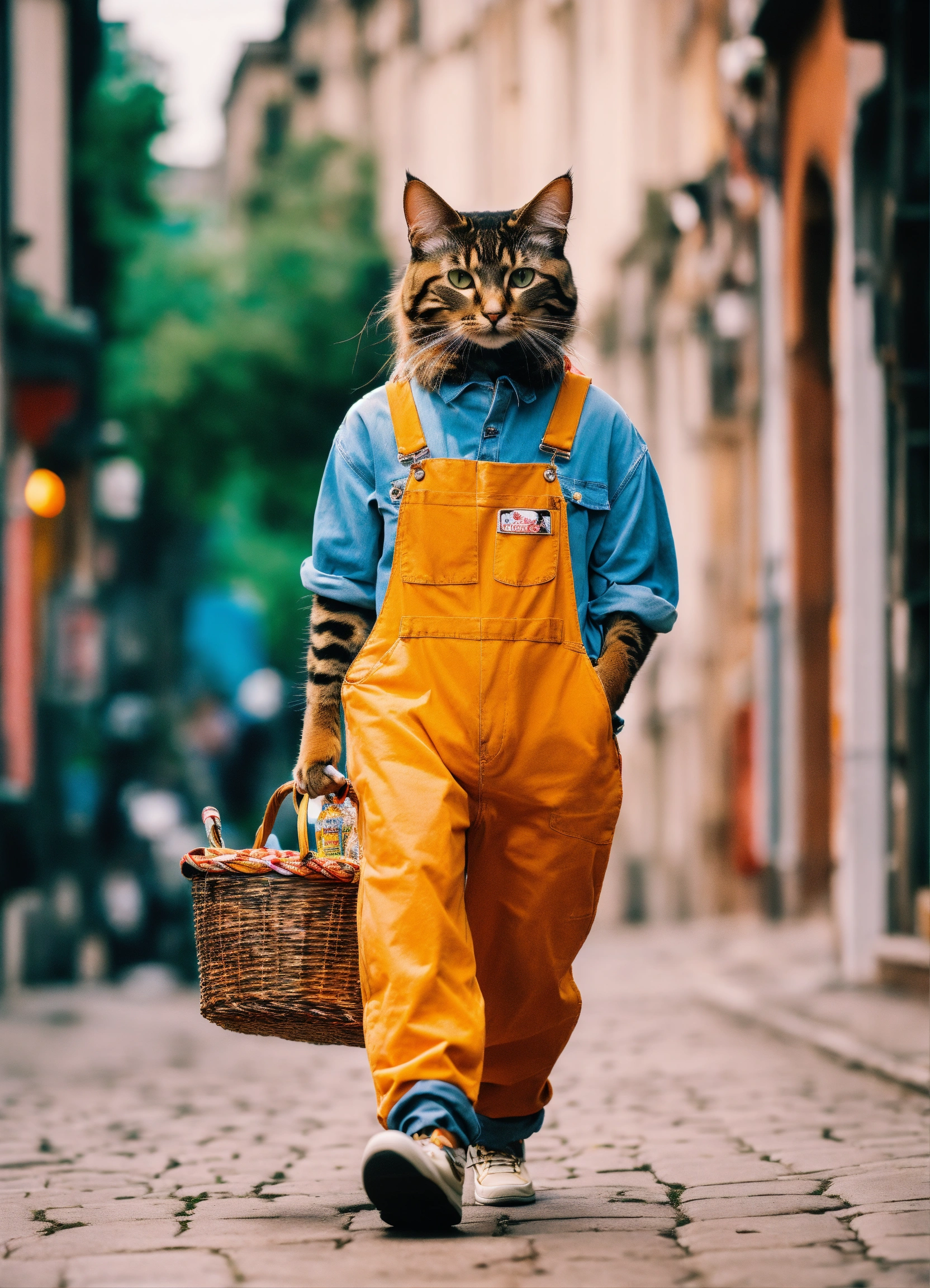 Lexica - A cat model walking on two legs, wearing street-style overalls and carrying a basket ...