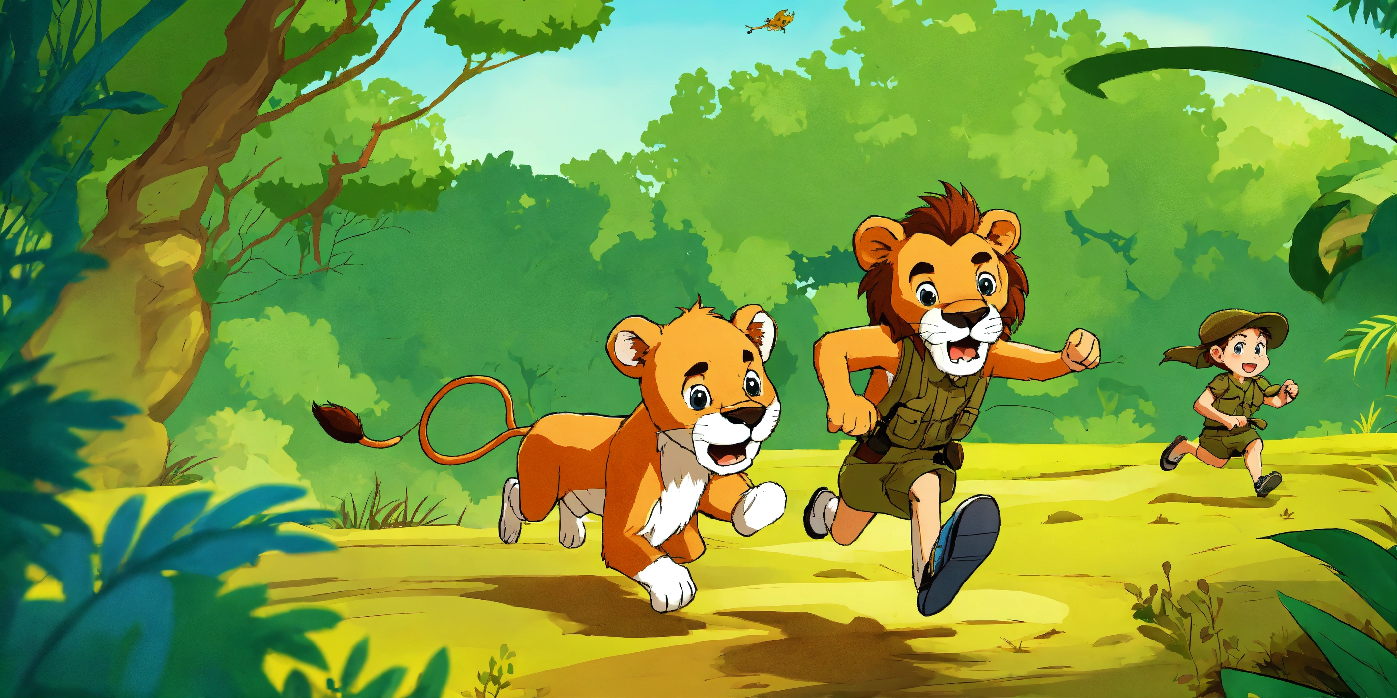 Lexica - Cartoon hunters are running and lion chasing them in jungle