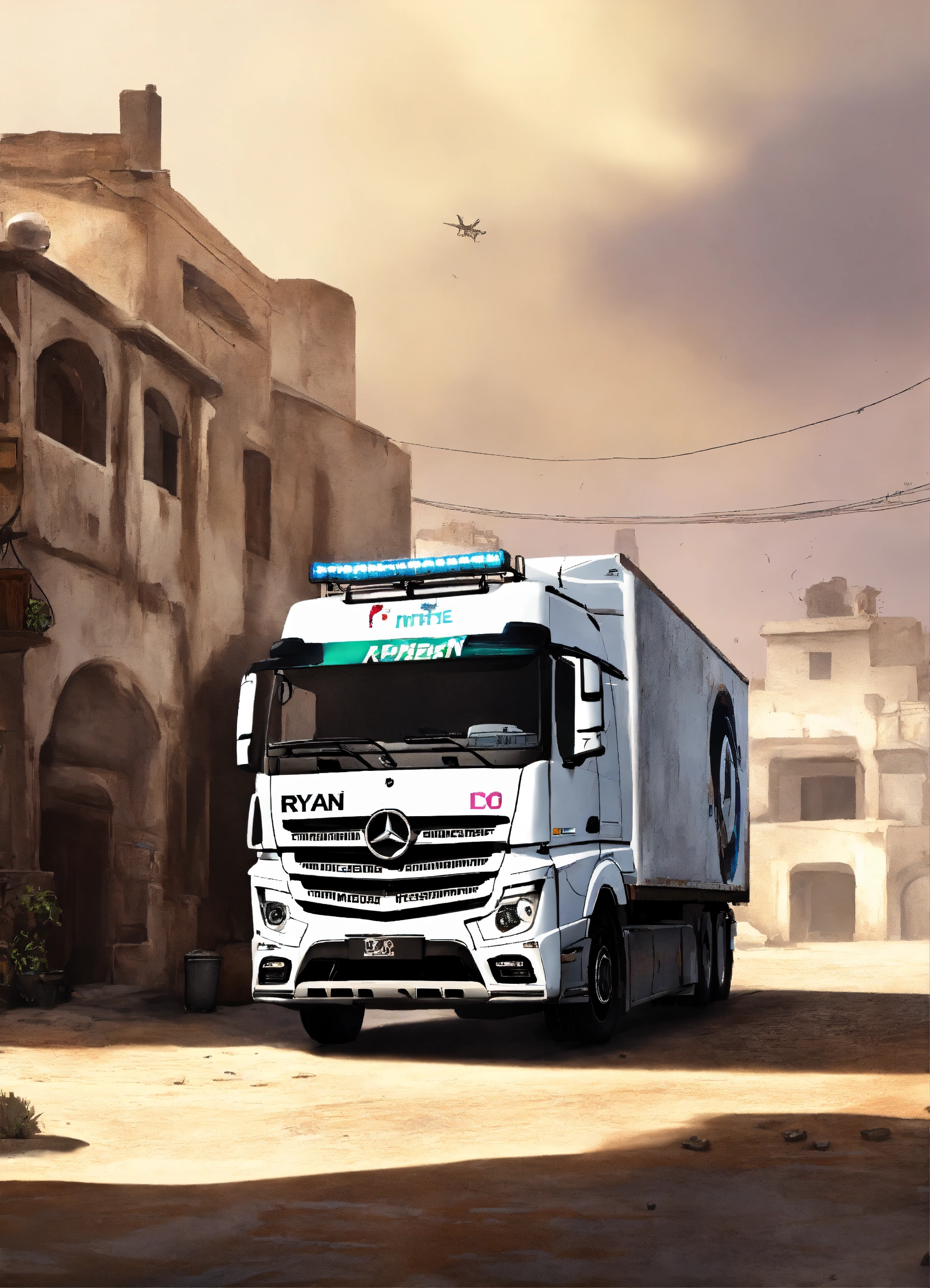 Lexica - A white Mercedes HGV truck with the word Ryan on it in the ...