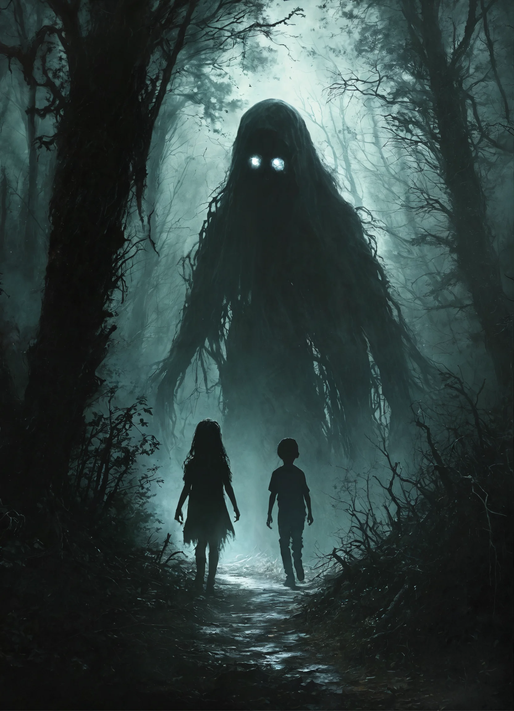 Lexica - Creepy looking ghost in dark forest, boy looking in front of ...