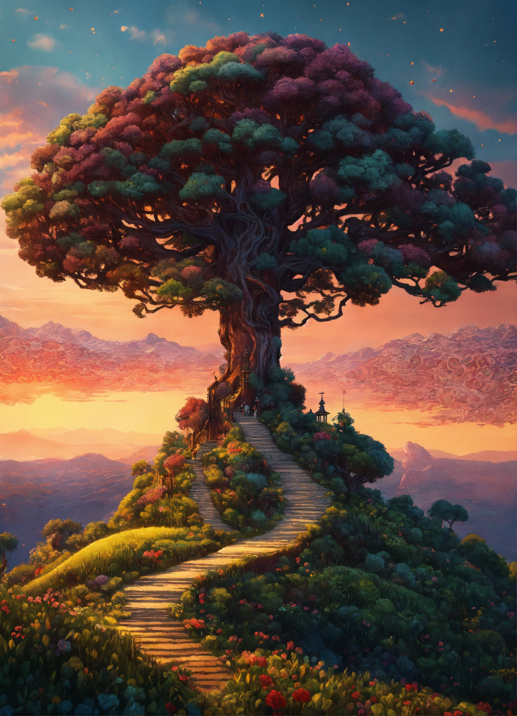 Lexica - Surreal giant tree on top of a hill, detailed, path up the ...