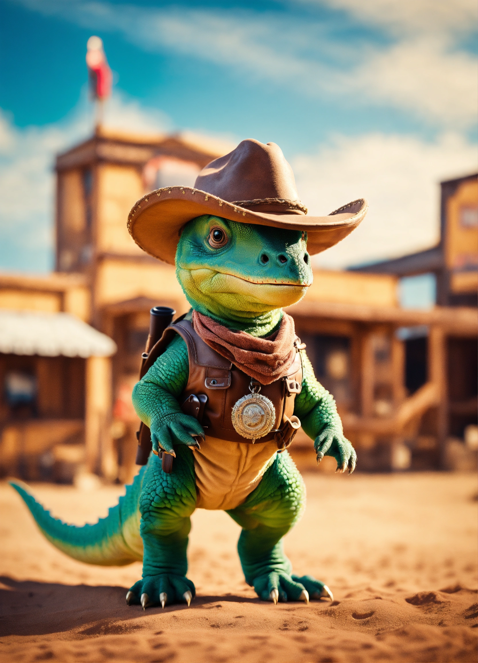 Lexica - An adorable and fluffy baby dinosaur, cowboy, western, desert ...
