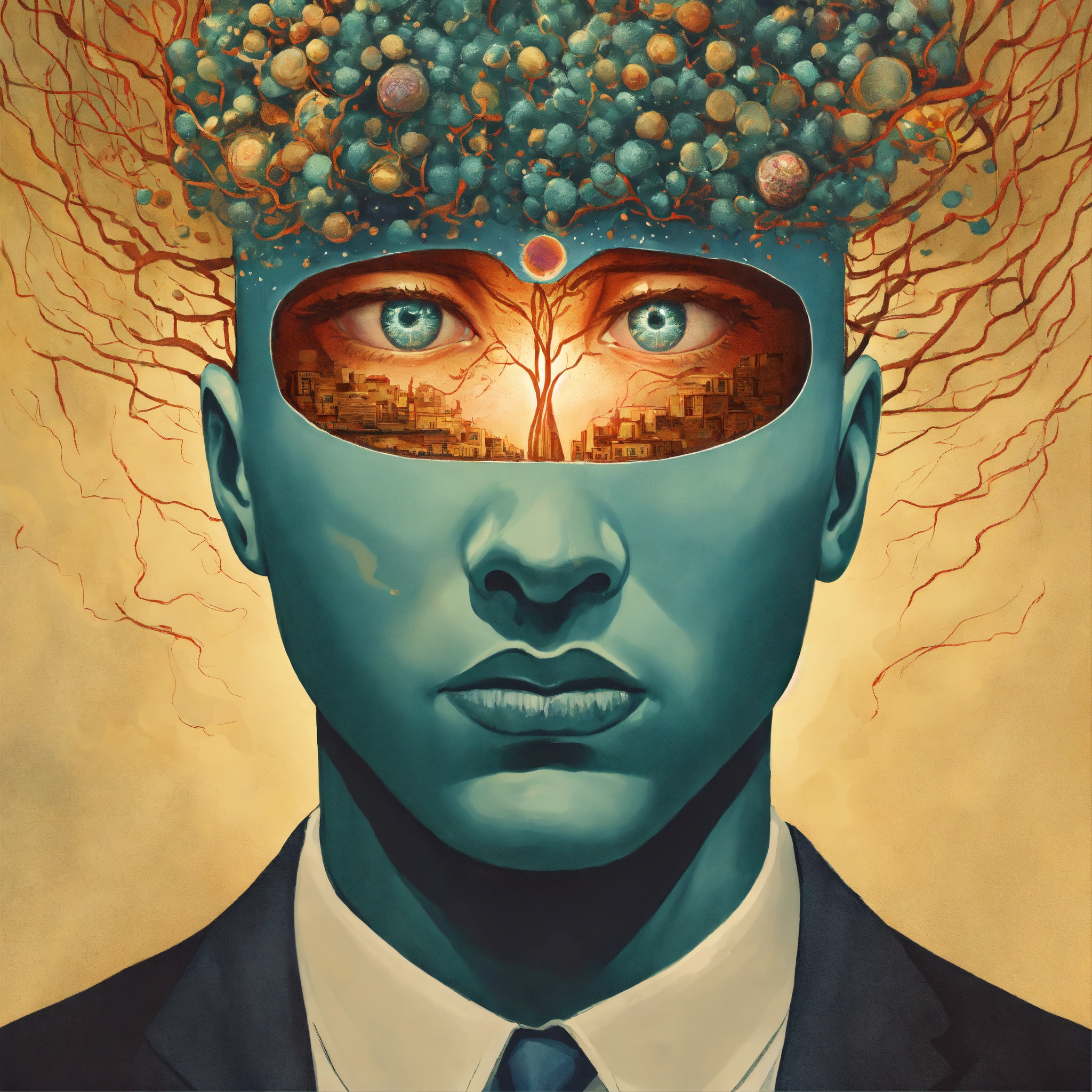 Lexica - Illustration of a man inside a human head looking out through ...