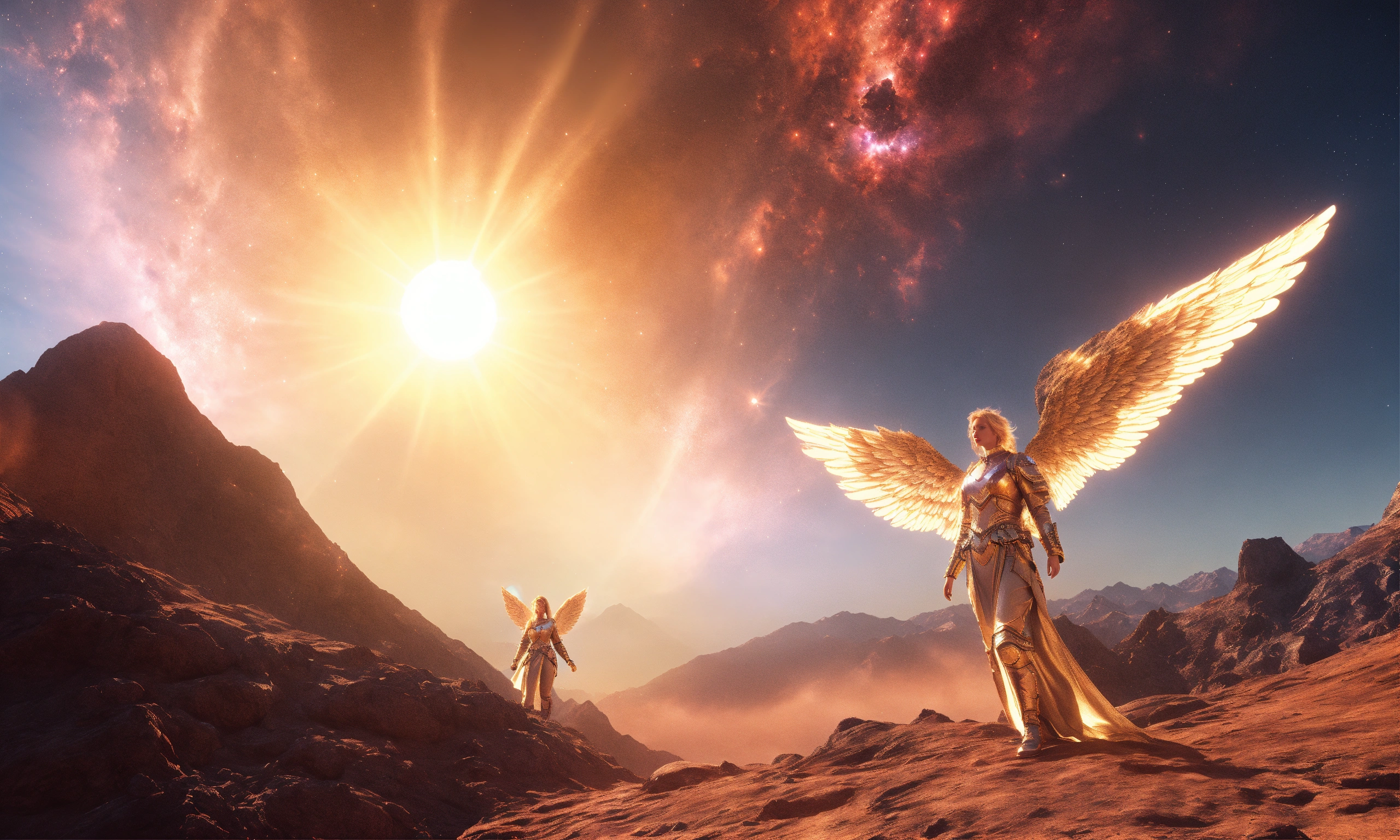 Lexica - Two ethereal angel, mountain nebula, sun backgound, Cinema 4D ...
