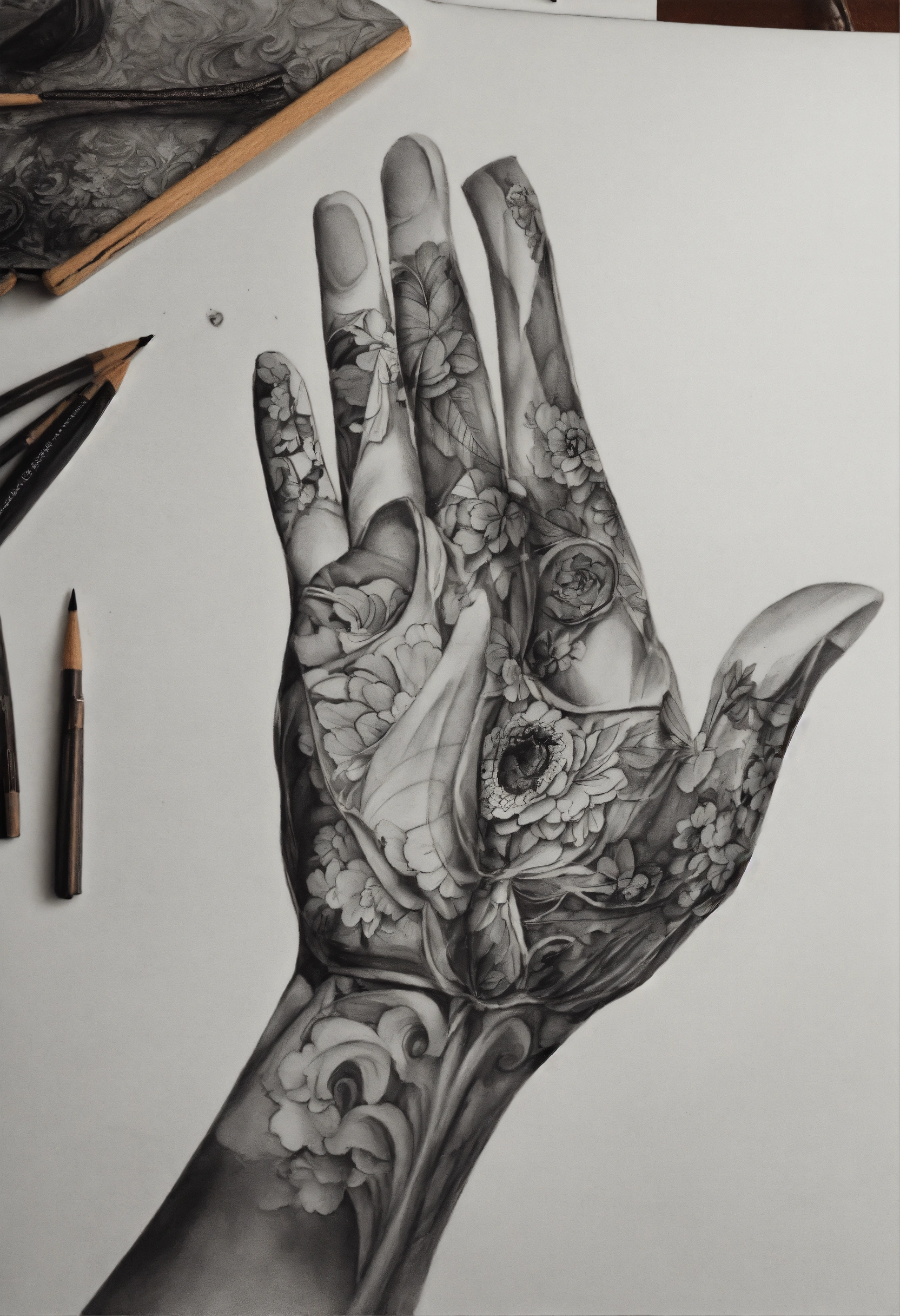Lexica - Realistic black and white drawing, hand, white background