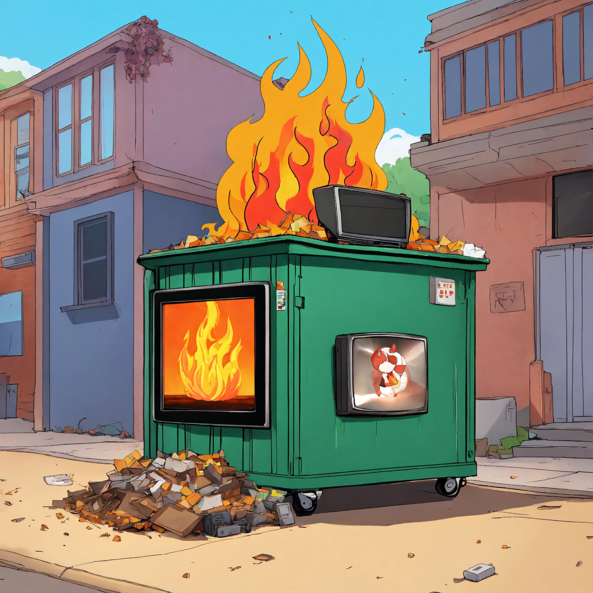 Lexica - A cartoon dumpster with flames coming out of the top, and a tv ...