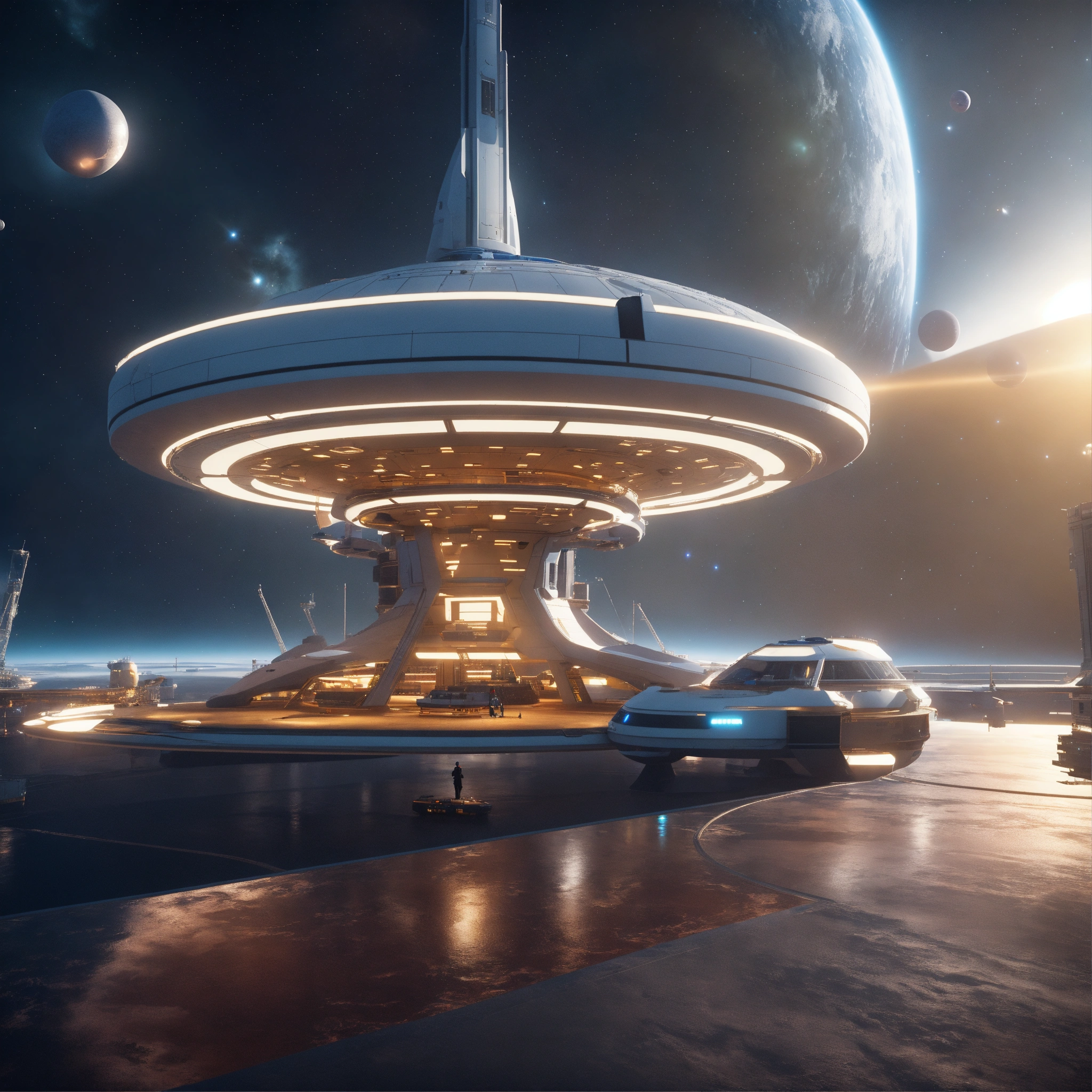 Lexica - Space yacht docking at a beautiful white spinning top disc ...