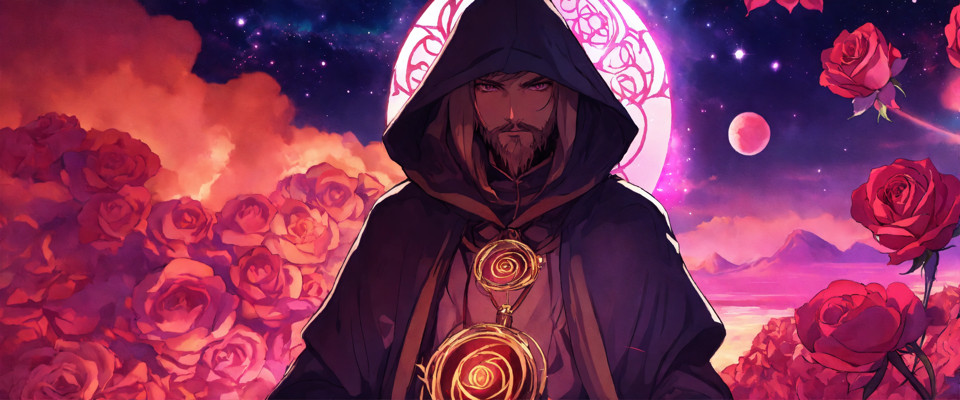 Lexica - Hooded mage is gazing over his domain, rose psychedelic ...