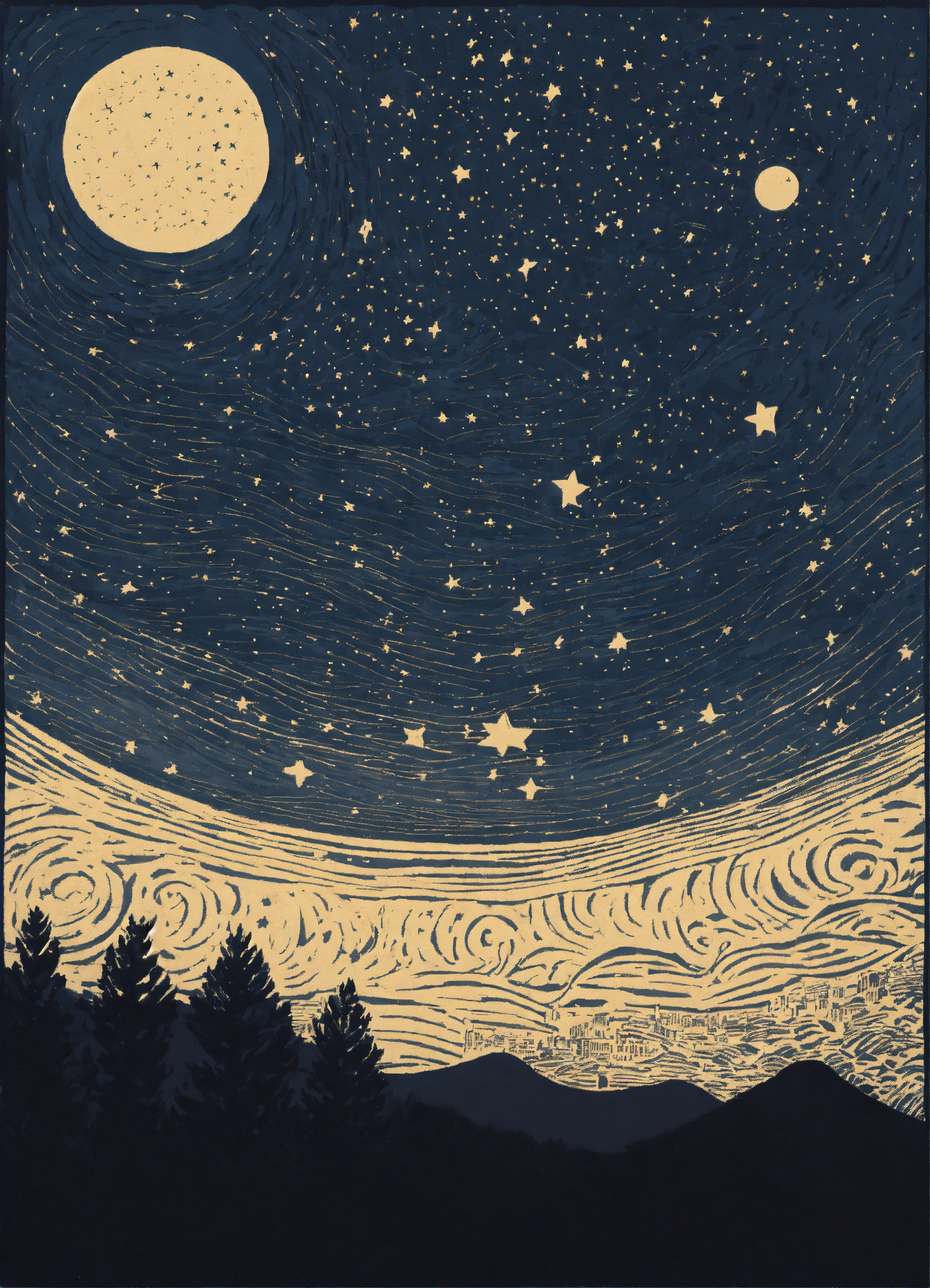 Lexica - Linocut illustration of a starry night sky