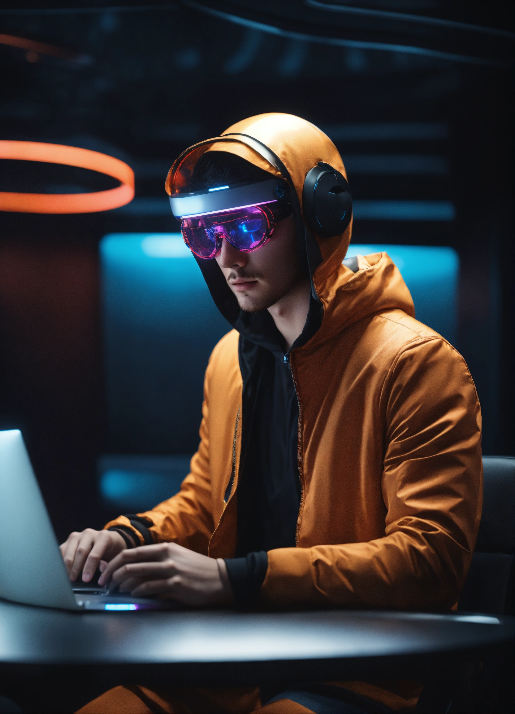 Lexica - Nerdy 25 year old male hacker wearing futuristic clothing, hi ...