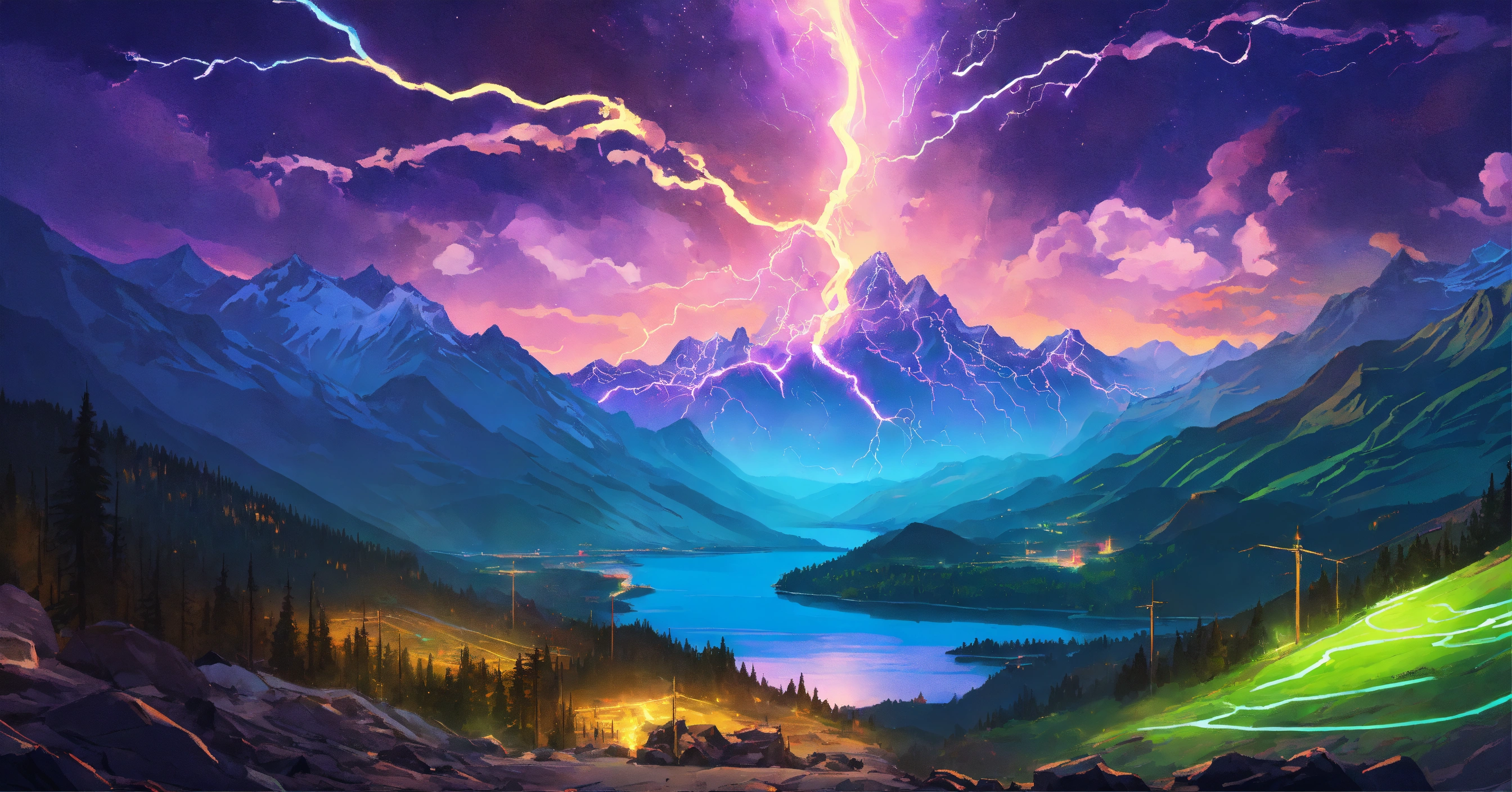 Lexica - Calm peaceful landscape ,lightning letter shaped З ...