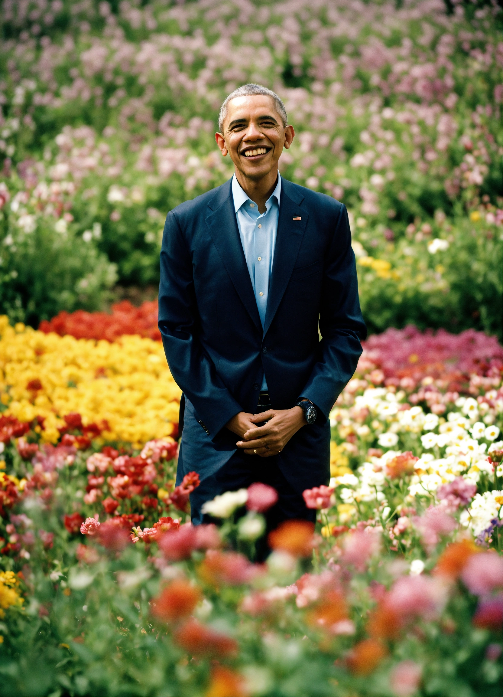 Lexica - Happy Barack Obama standing in a beautiful field of flowers ...