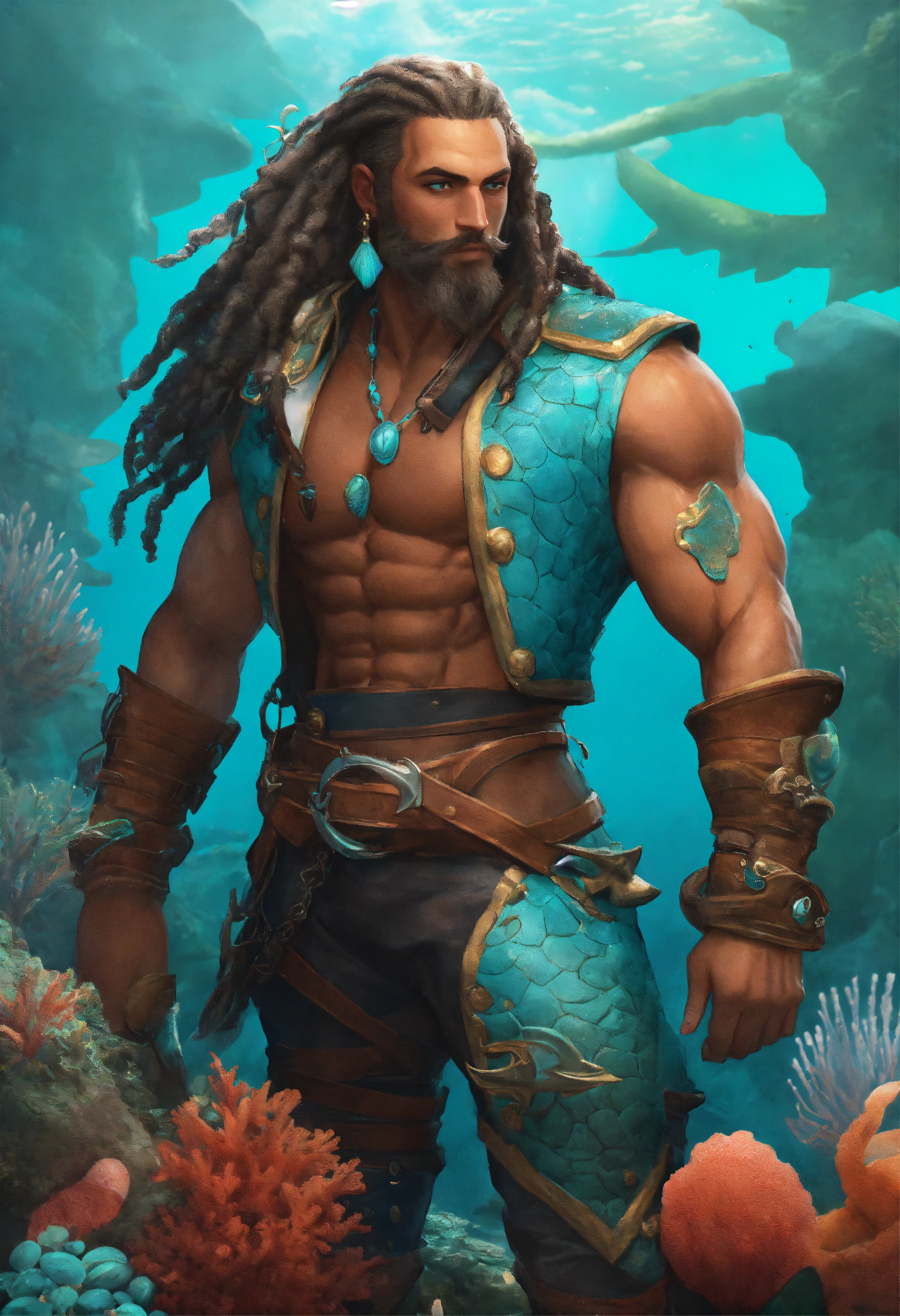 Lexica - A buff muscular Blue skinned Triton pirate . He wears coral ...