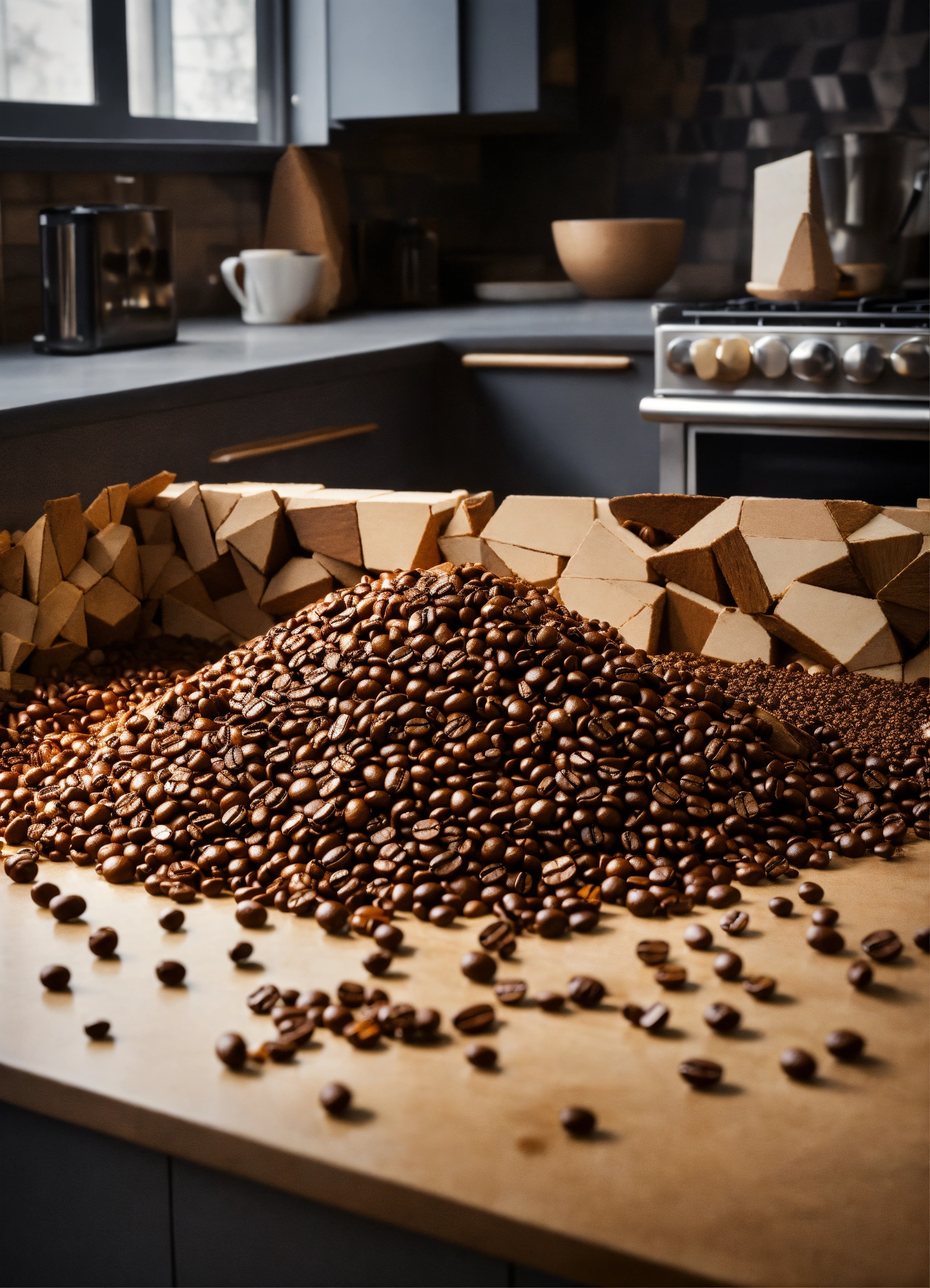 Lexica - Coffee grains running across a kitchen counter in Cubist ...