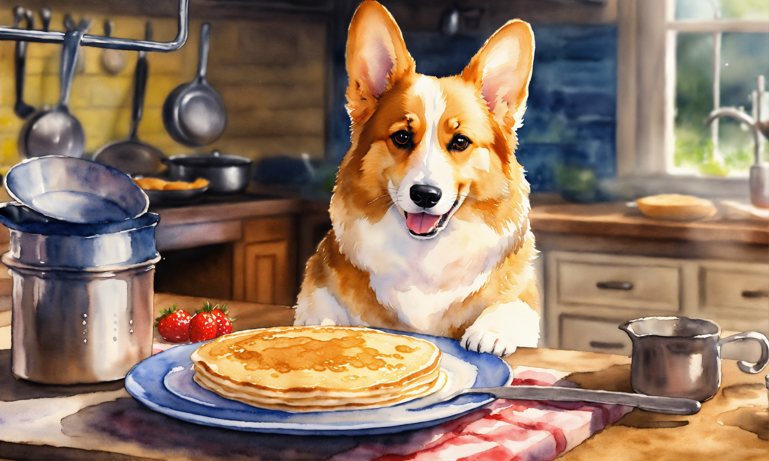 Lexica - Corgi cooking a pancake watercolor