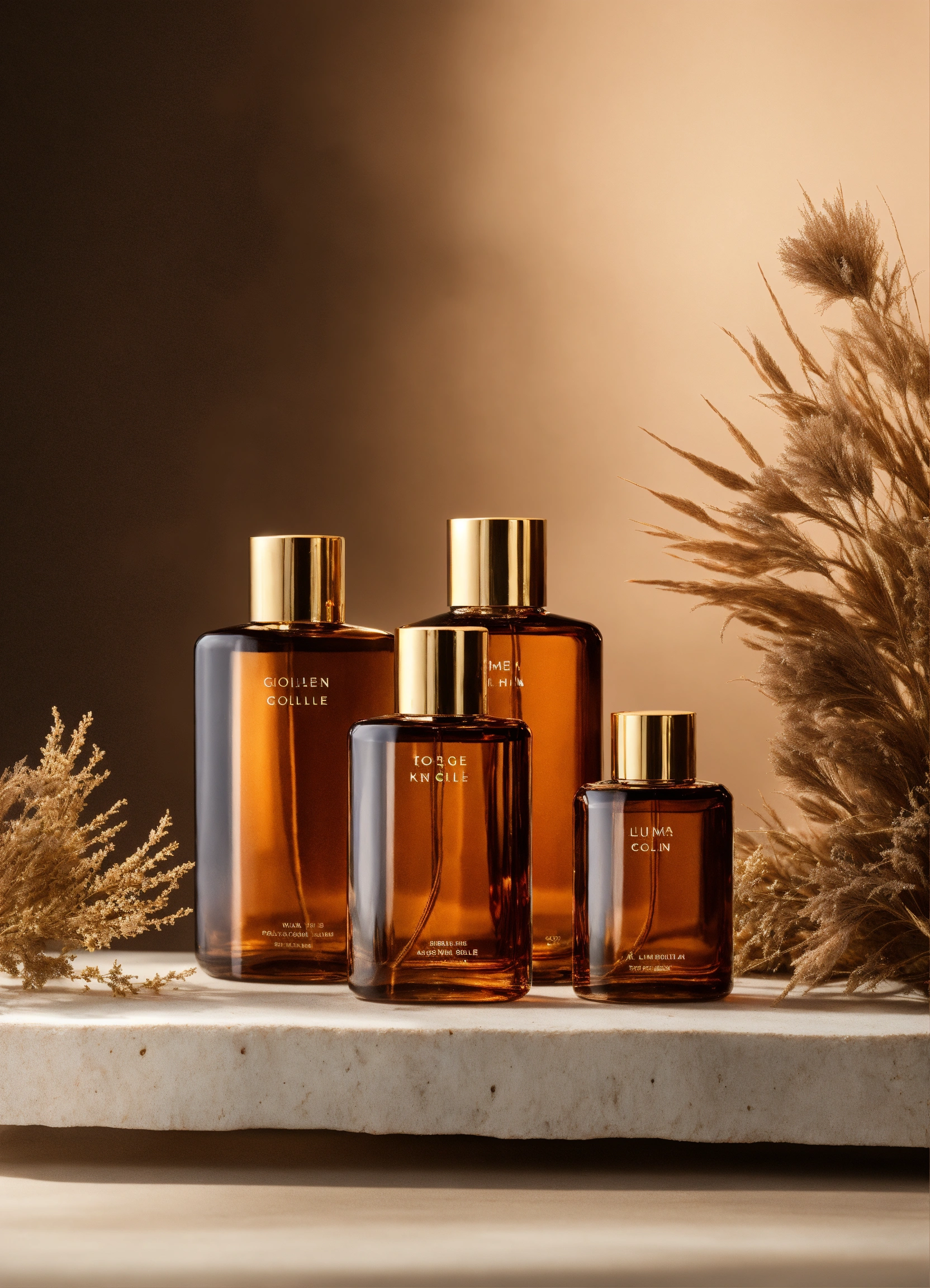 Lexica - Product photography of 3 brown glass cologne bottles with gold ...
