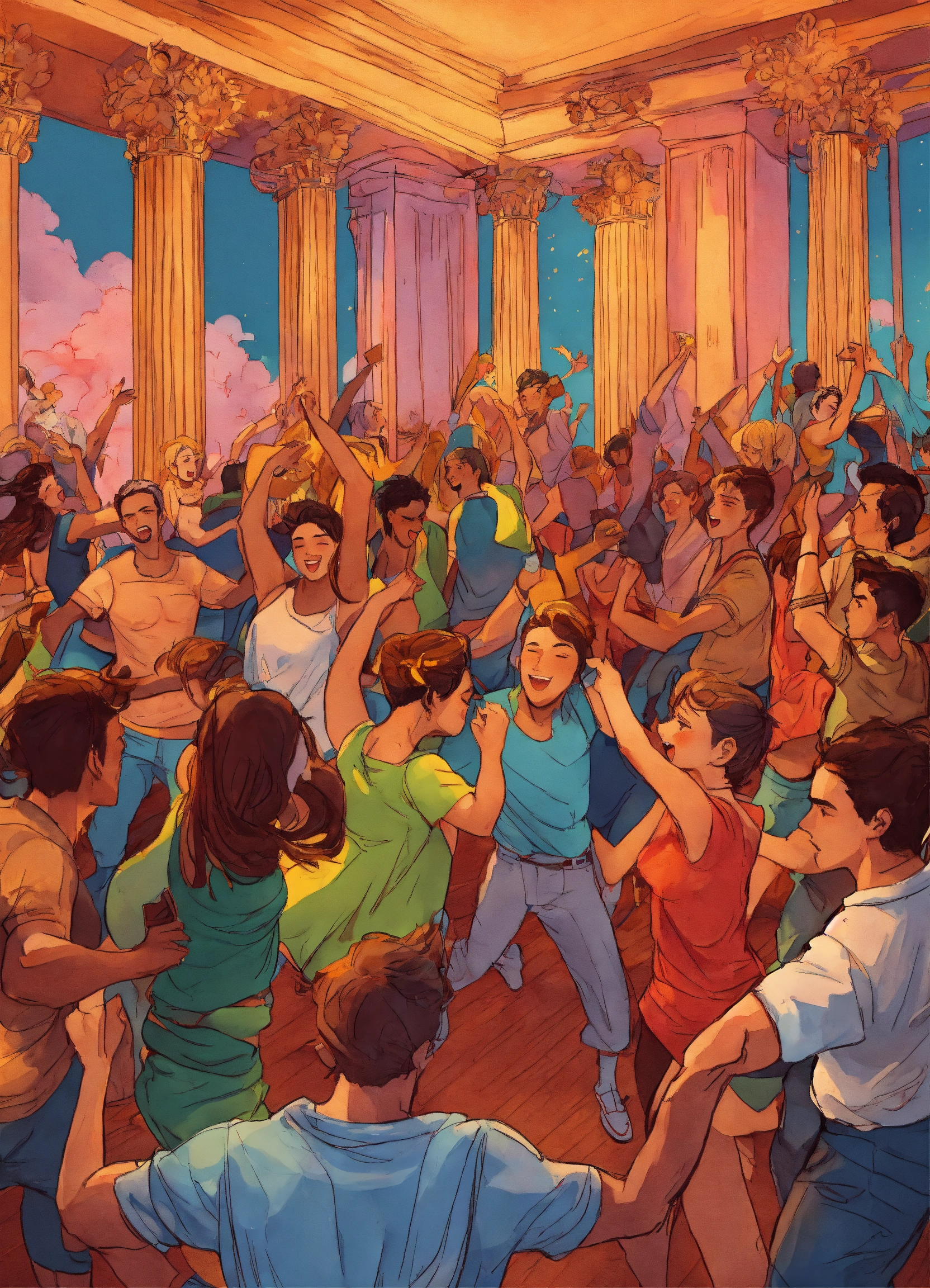 Lexica - A hand drawn painting of a bunch of boys and girls dancing ...