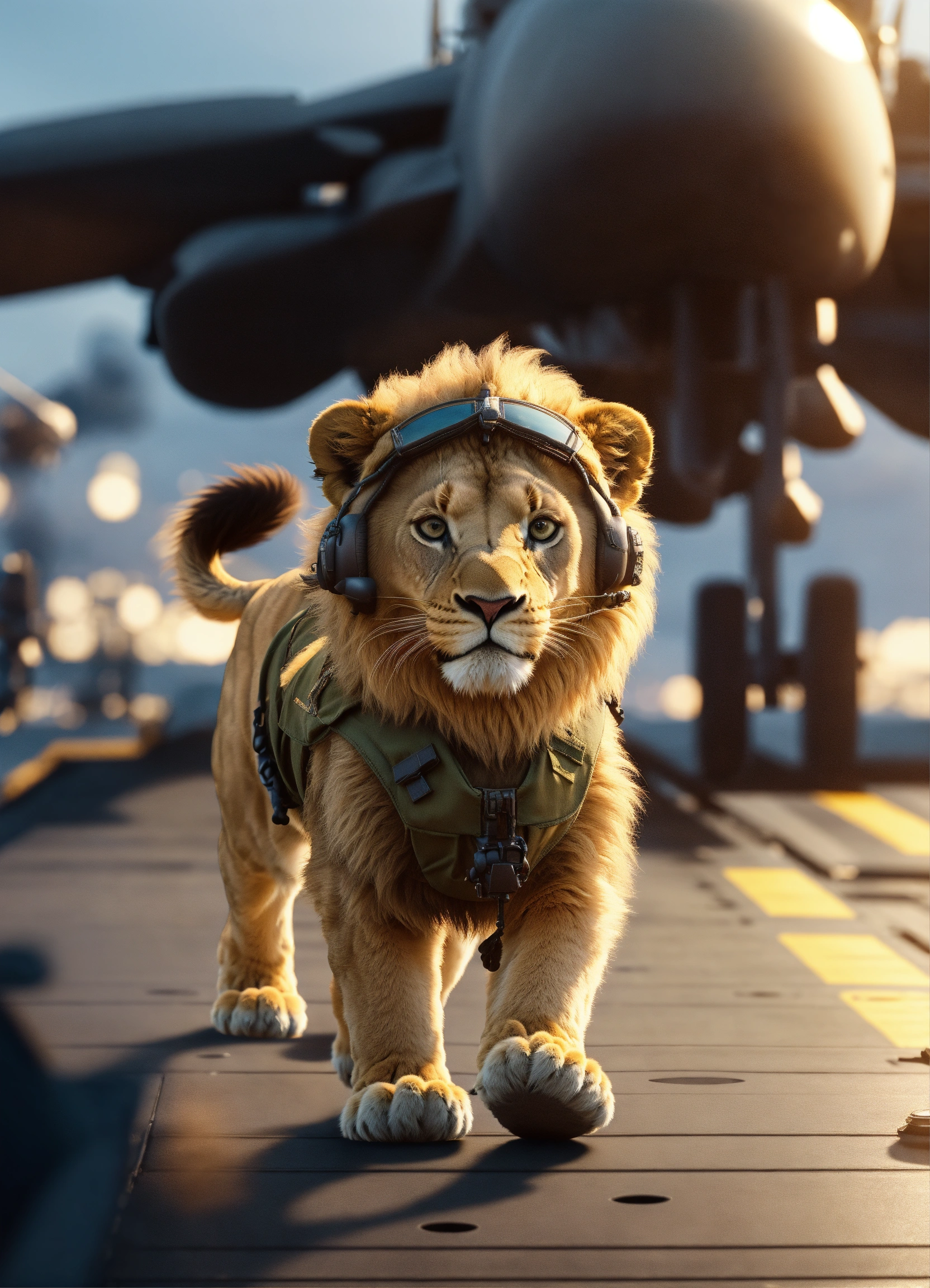 Lexica - A cute fluffy baby lion pilot walking on a military aircraft ...