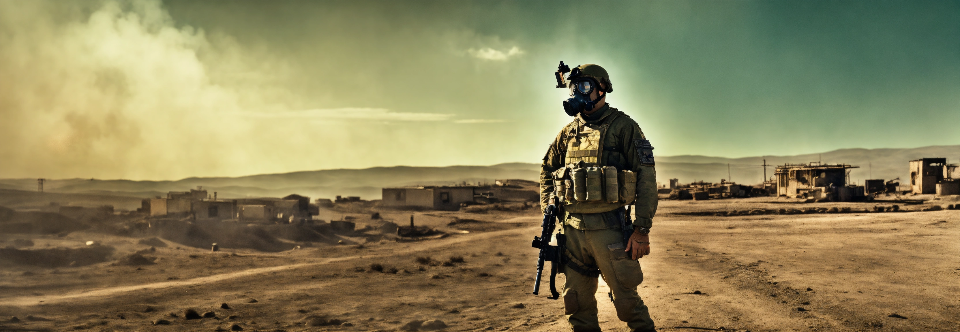 Lexica - Portrait of a lone solder with an AR-15, wearing a gas mask in ...