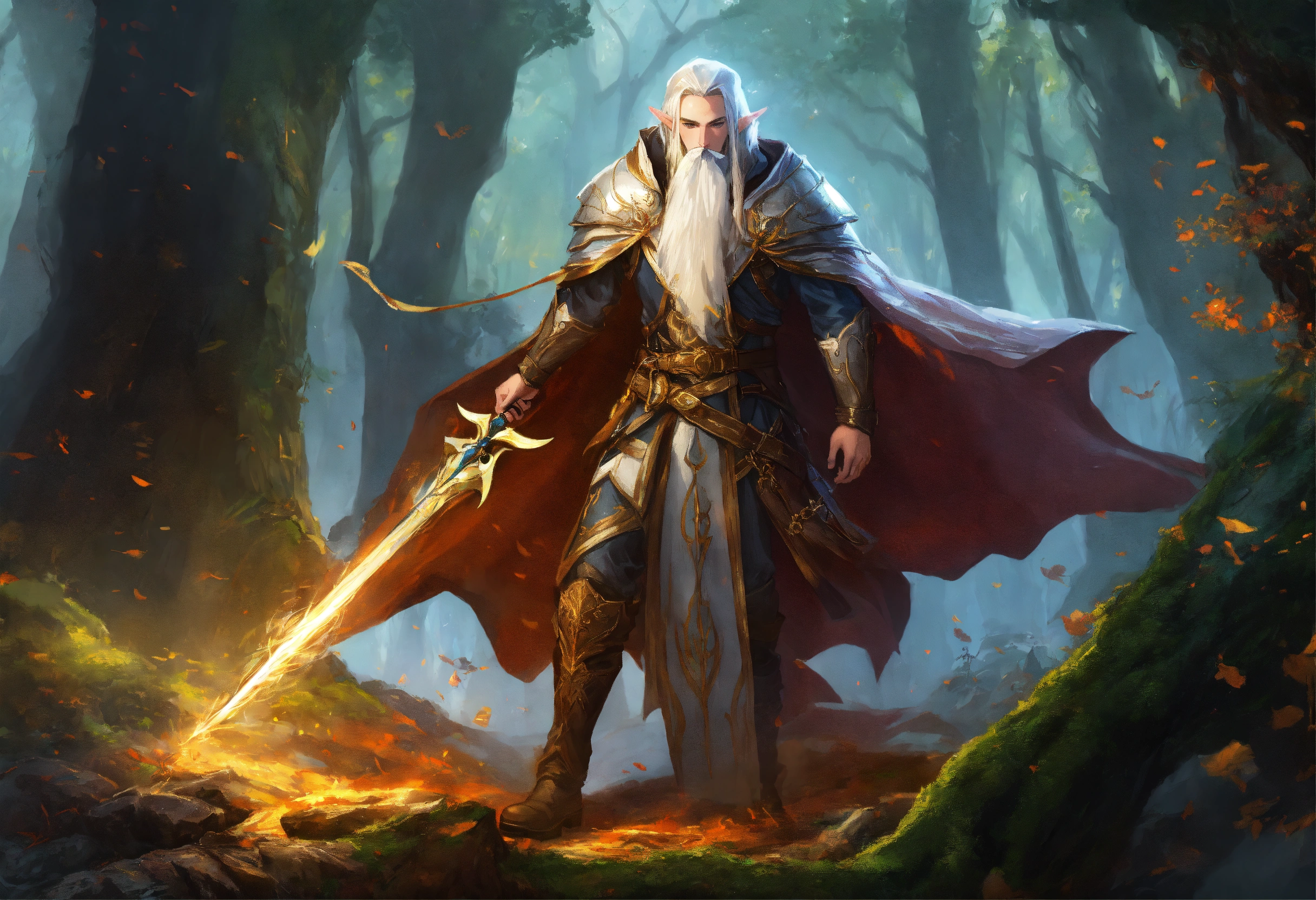 Lexica - High elf wizard, white cloak, leather, dense forest, fighting ...