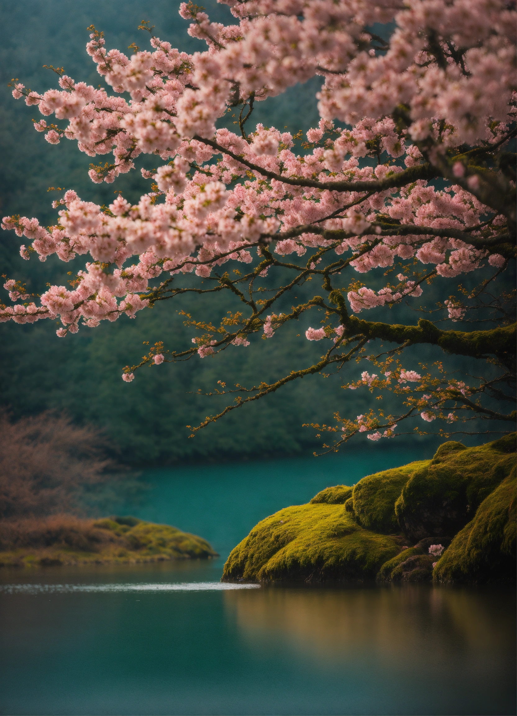 Lexica - Minimal, cinematic, a blooming cherry blossom tree, forest ...