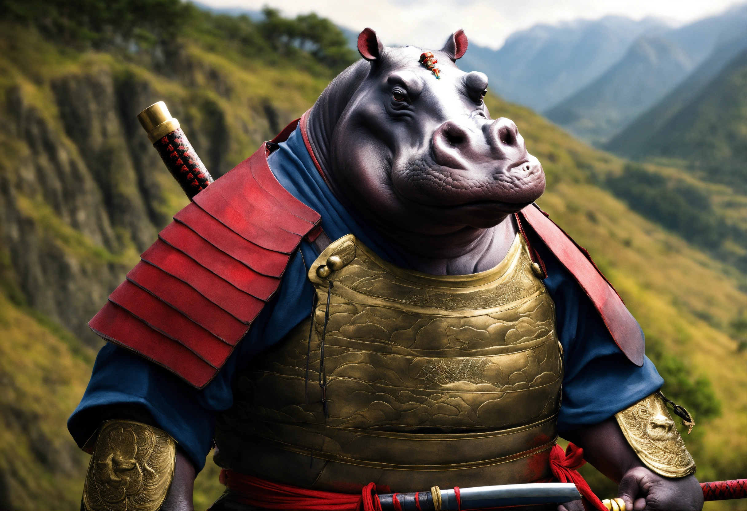 Lexica - Hippo samurai. Mountains. Hyper realistic.