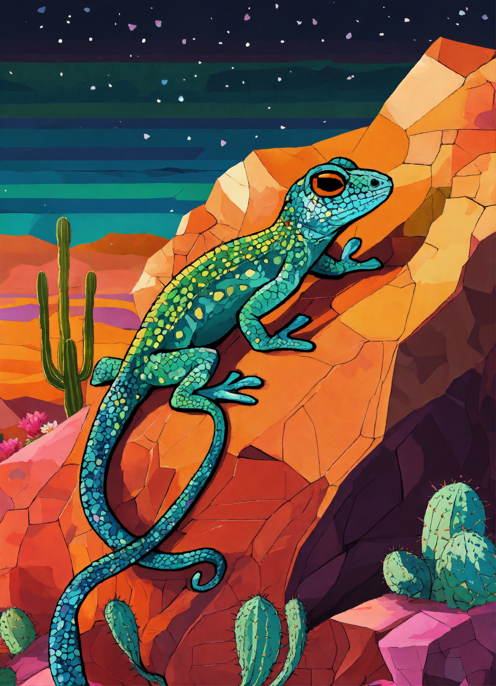 Lexica - Gecko lizard climbing rock art cactus flower colorful ...