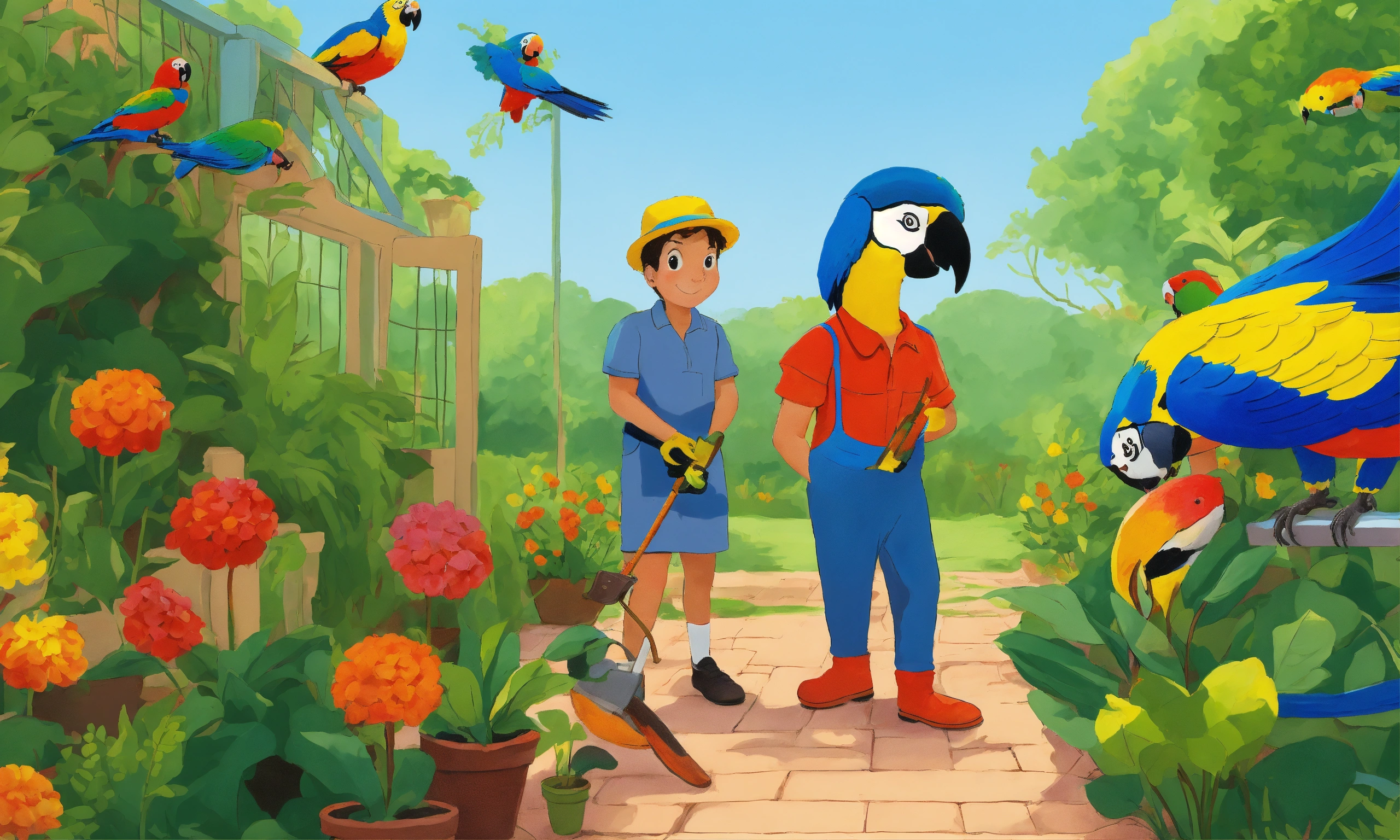 Lexica - Garden with parrots and a gardener, style of Donald Bluth ...