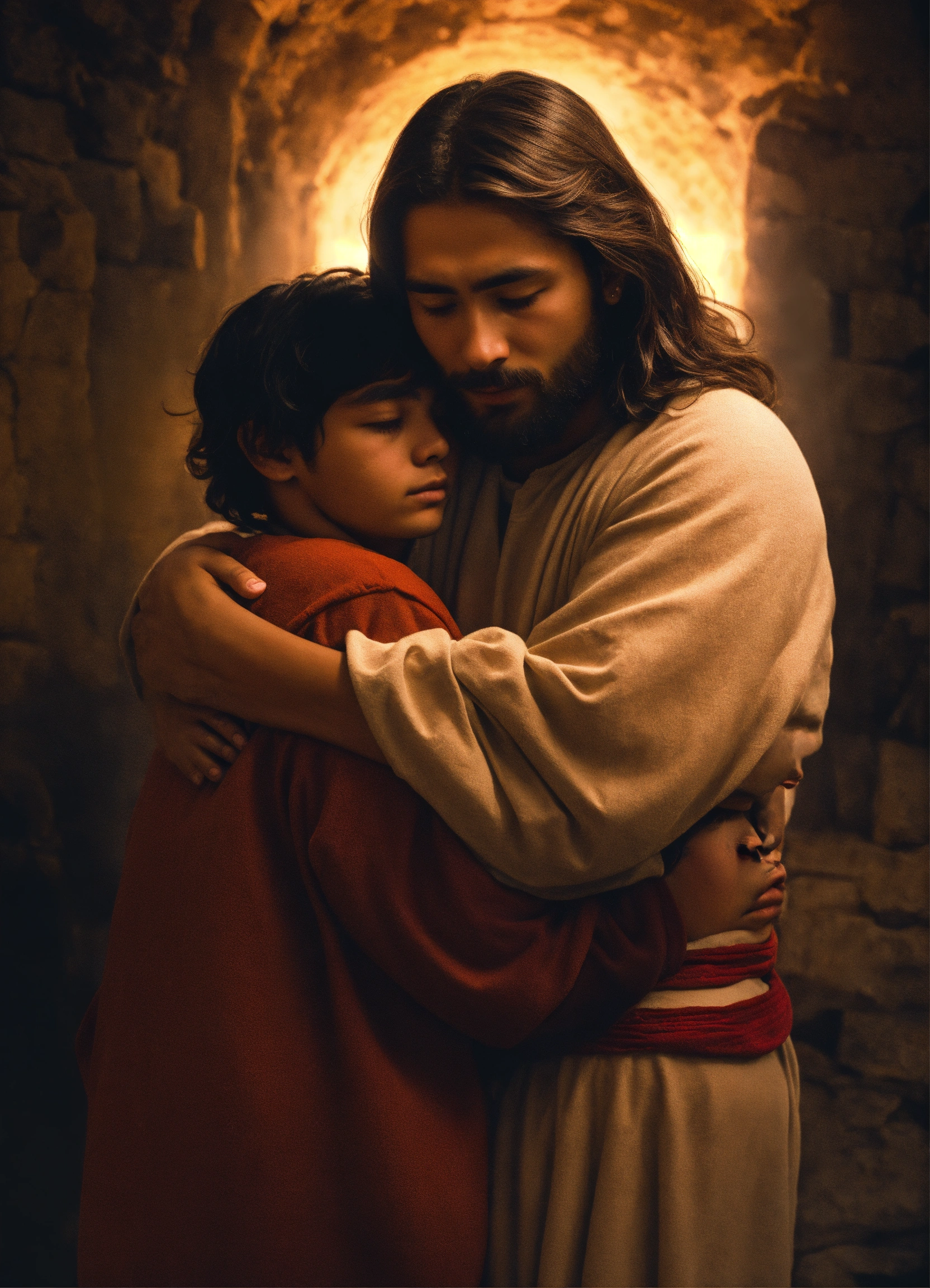 Lexica - JESUS HUGGING A HISPANIC BOY 8K. SURROUNDED BY DARKNESS.