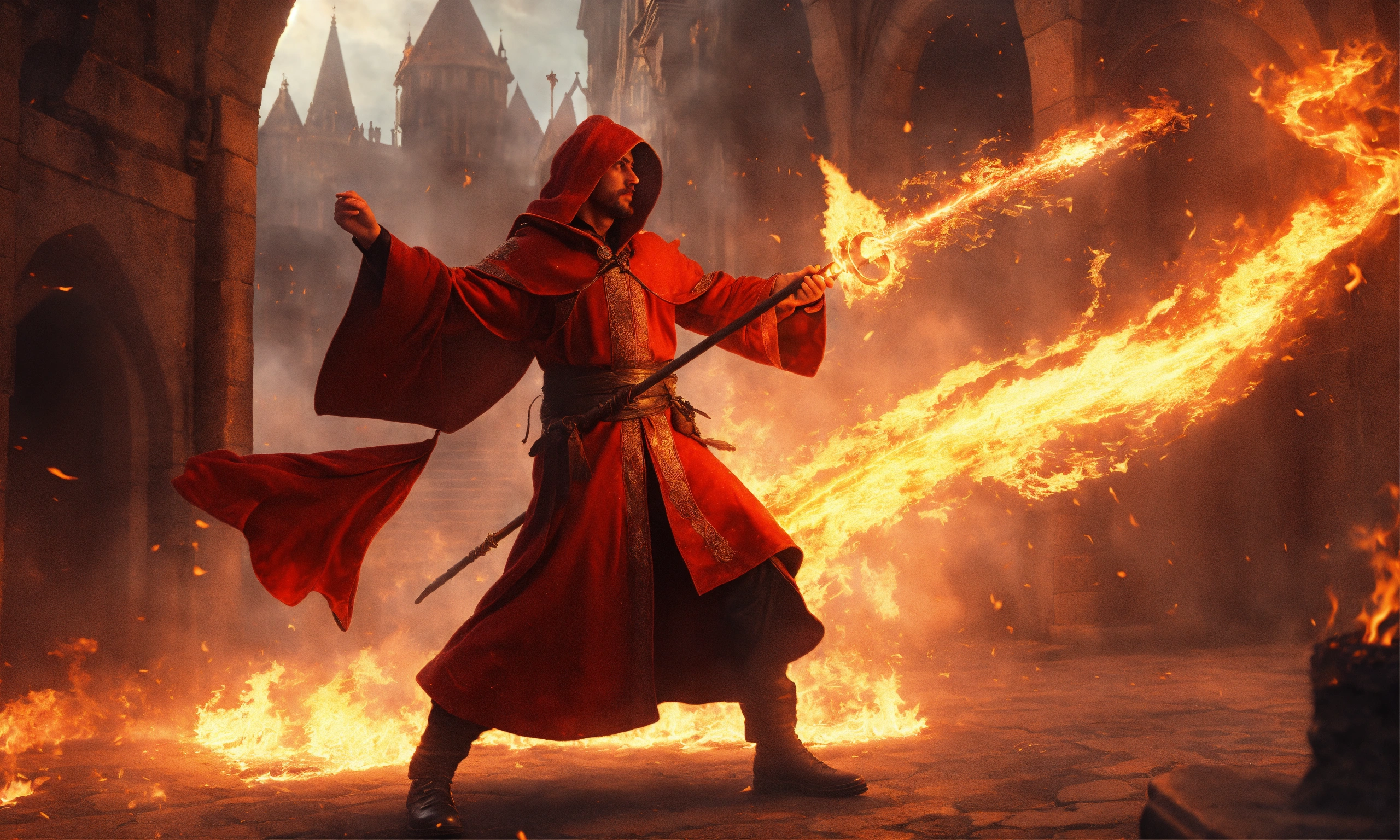 Lexica - Red robes sorcerer casting fire magic in an arc, flame ...