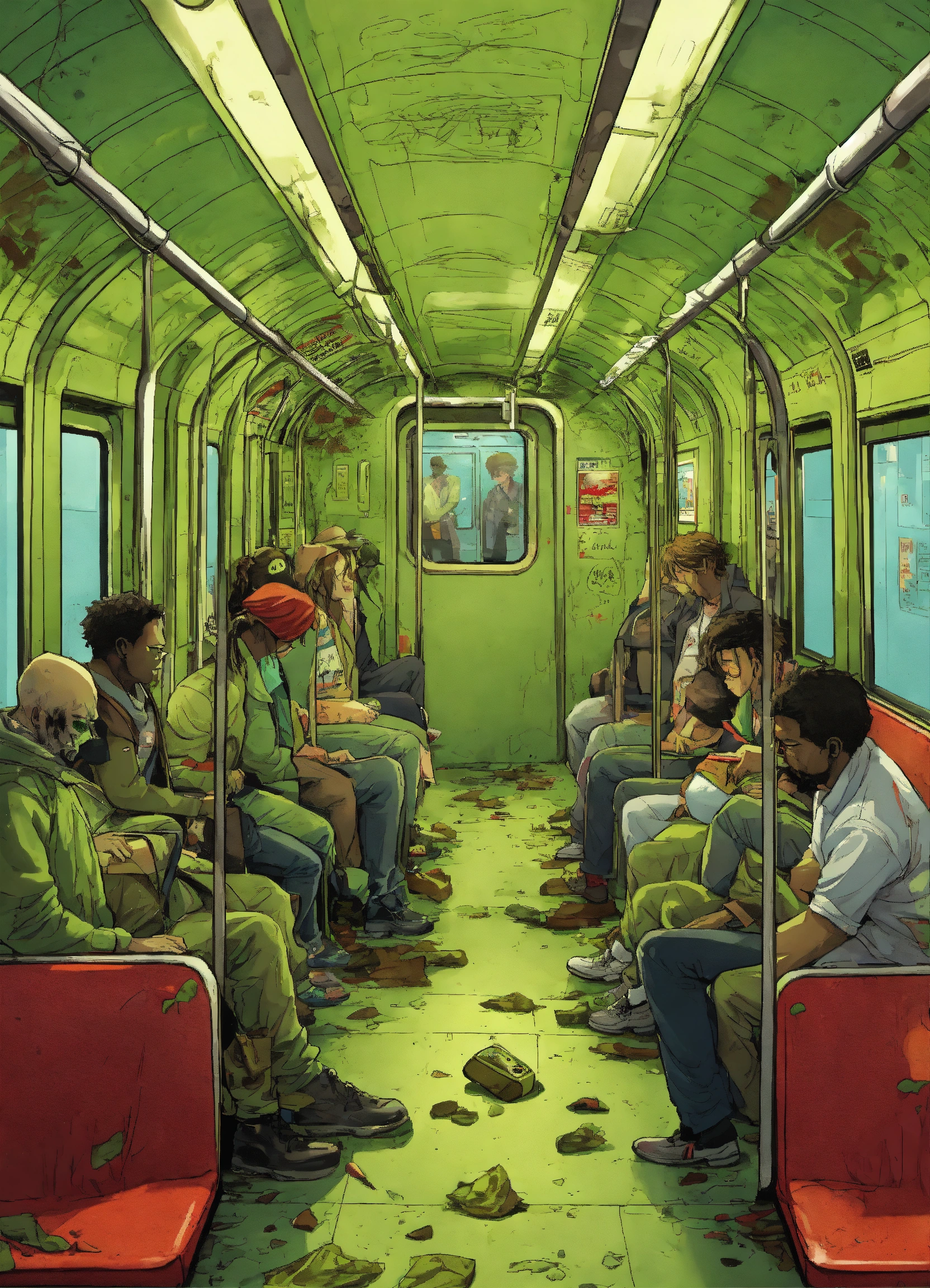 Lexica - Design a comic cartoon poster depicting a subway tunnel bathed ...