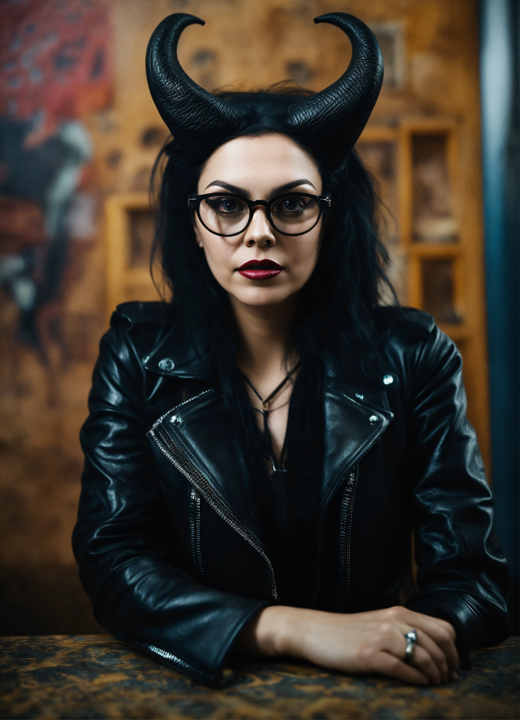 Lexica - A powerful satanic witch woman wearing glasses and a leather ...