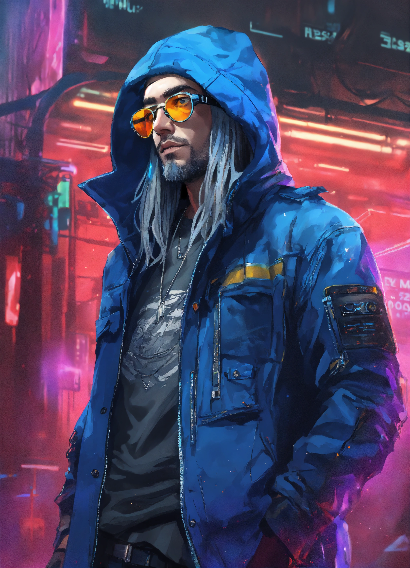 Lexica - Edgy male cyberpunk hacker with blue colored glasses, in a ...