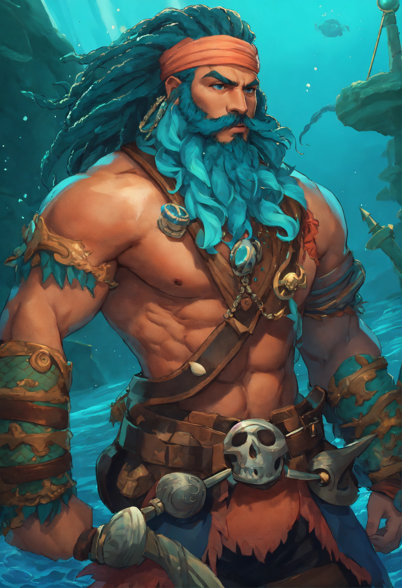 Lexica - A buff muscular Blue skinned Triton pirate . He wears coral ...