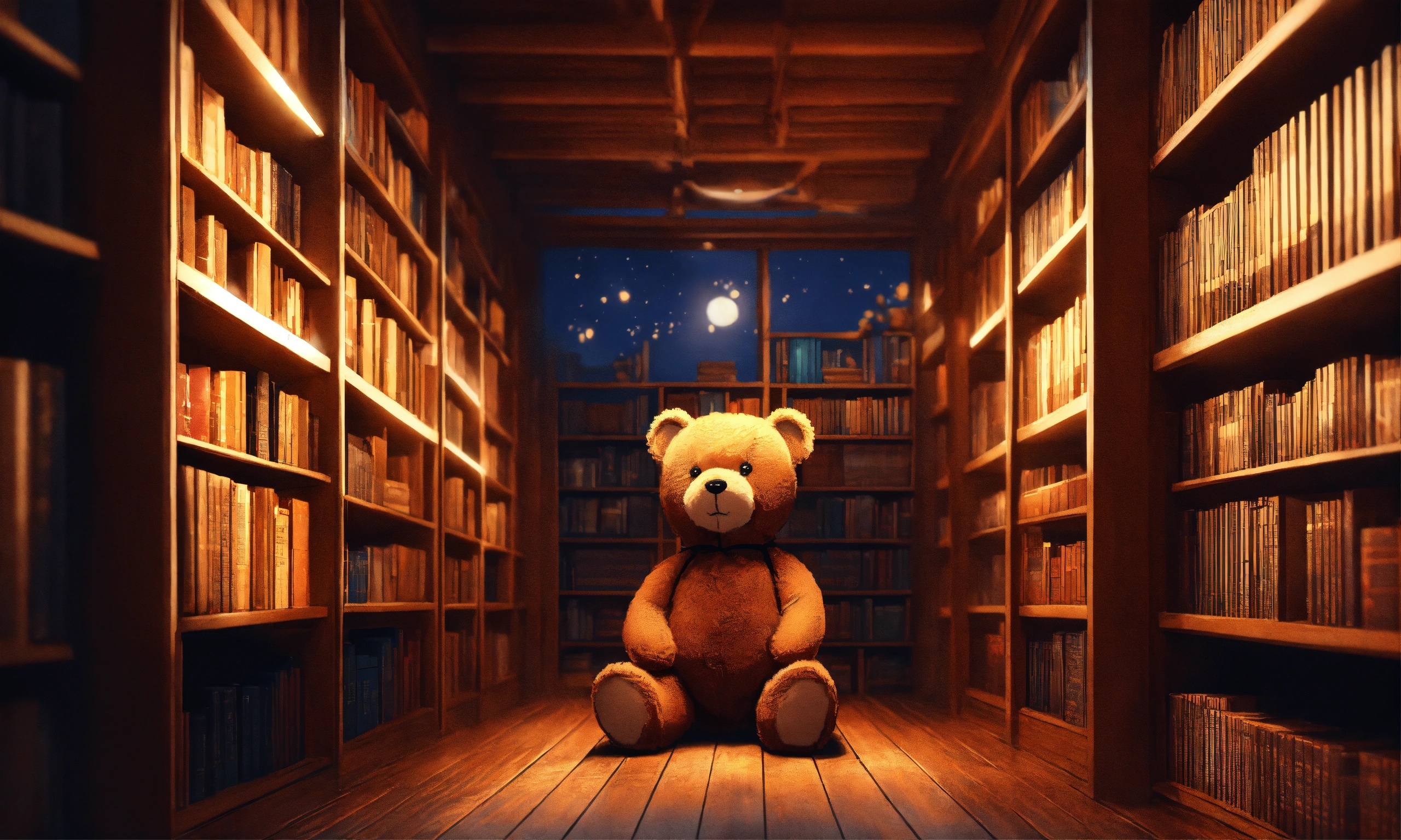 Lexica - Stunning illustration of a small teddy bear, detailed environment library at night, 8k ...